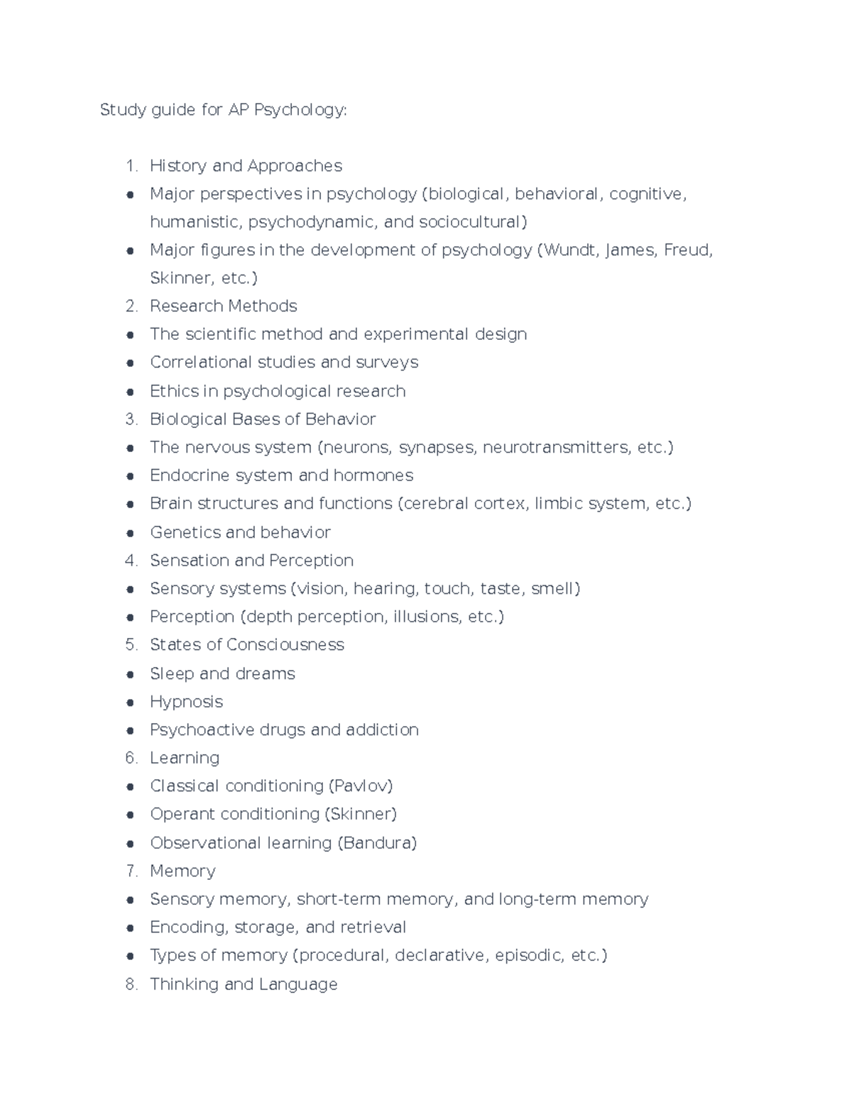 AP Psychology Study Guide - Study guide for AP Psychology: History and ...