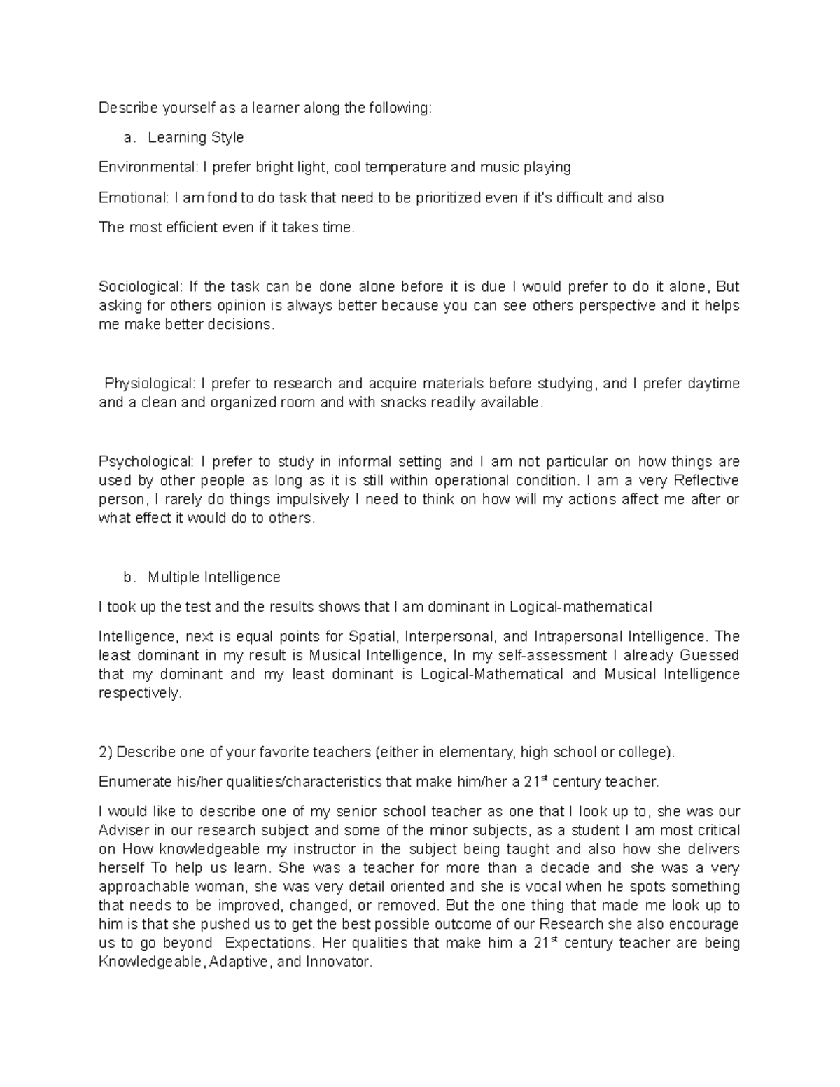 Prelims for principles of teaching - Describe yourself as a learner ...