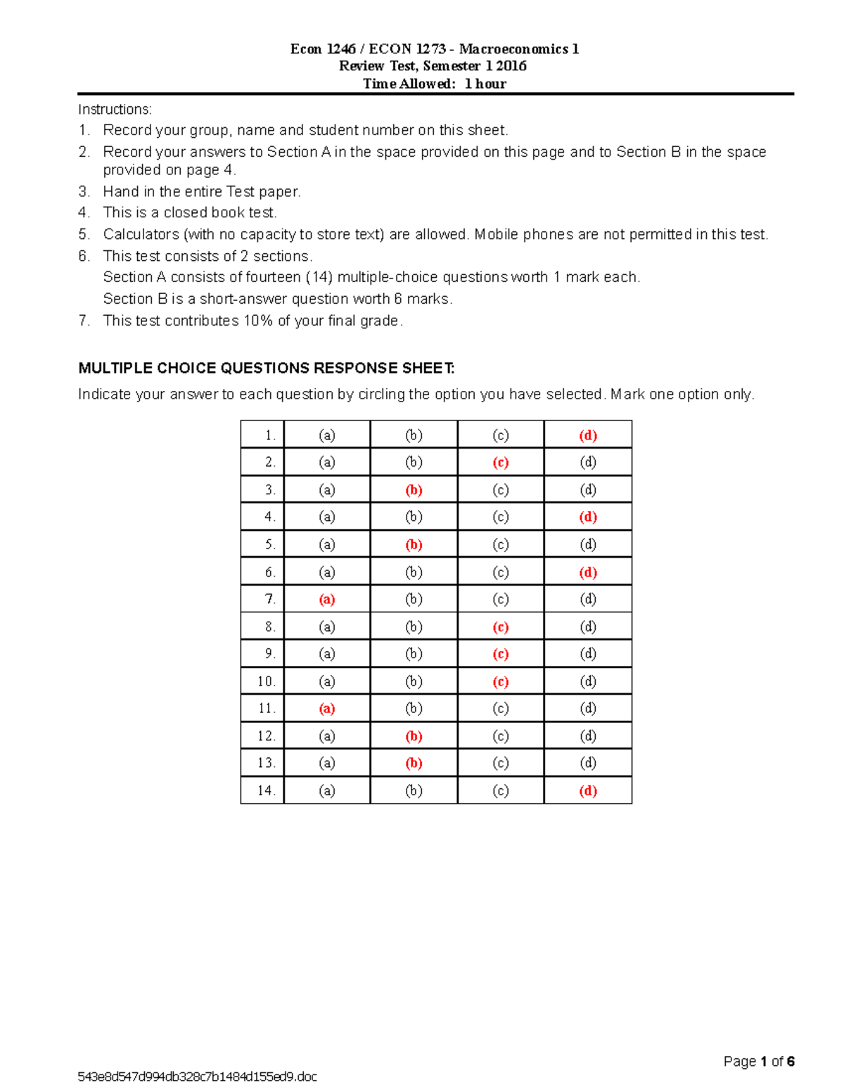 ECON1246 1273 Review Test s1 2016 - Econ 1246 / ECON 1273 ...