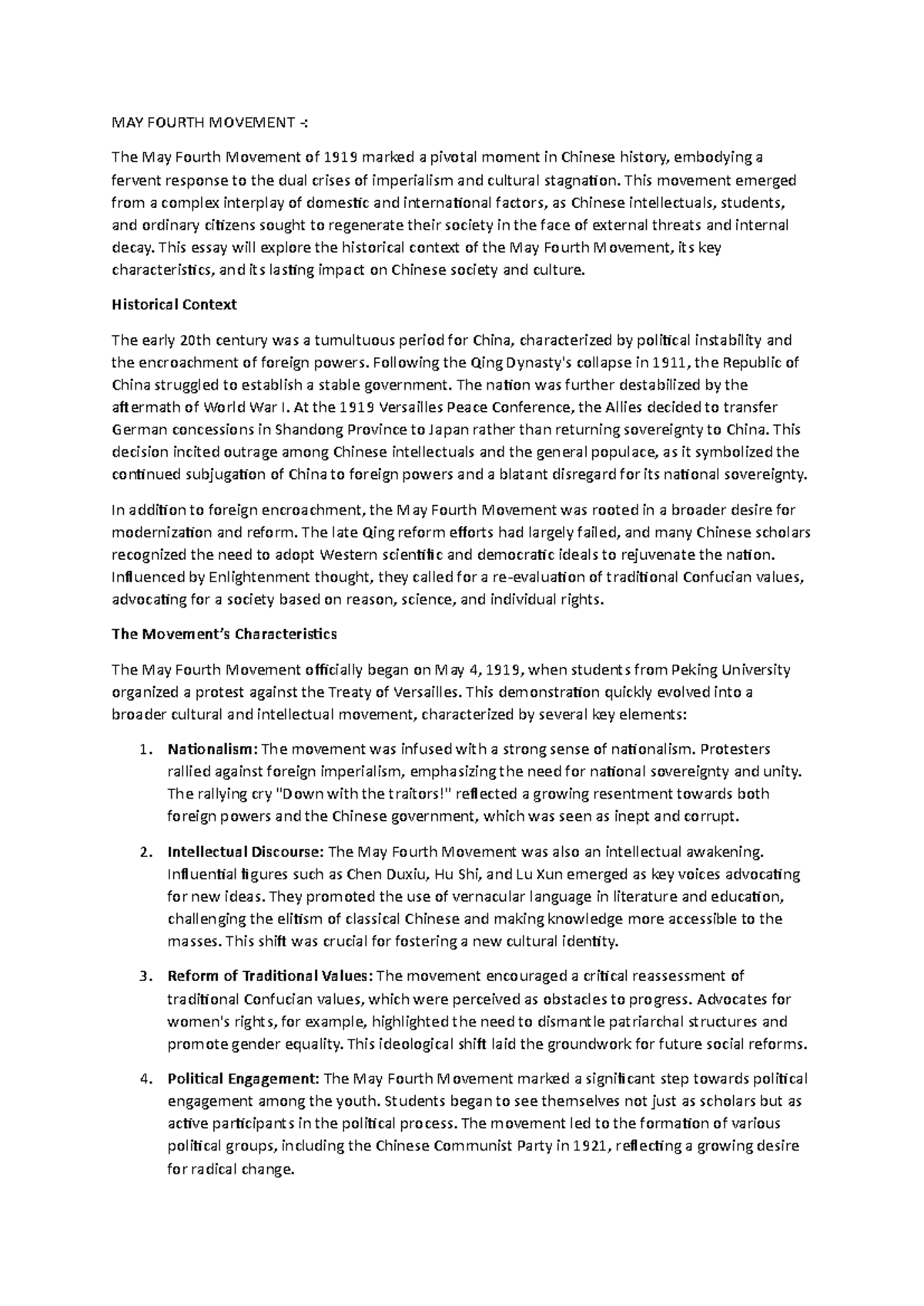 MAY Fourth Movement - MAY FOURTH MOVEMENT - : The May Fourth Movement of 1919 marked a pivotal ...