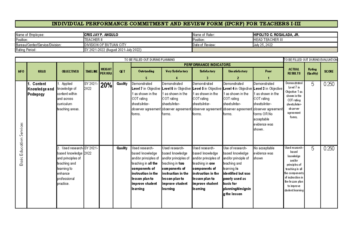 Ipcrf SY-2021-2022 - None - Outstanding Very Satisfactory Satisfactory ...