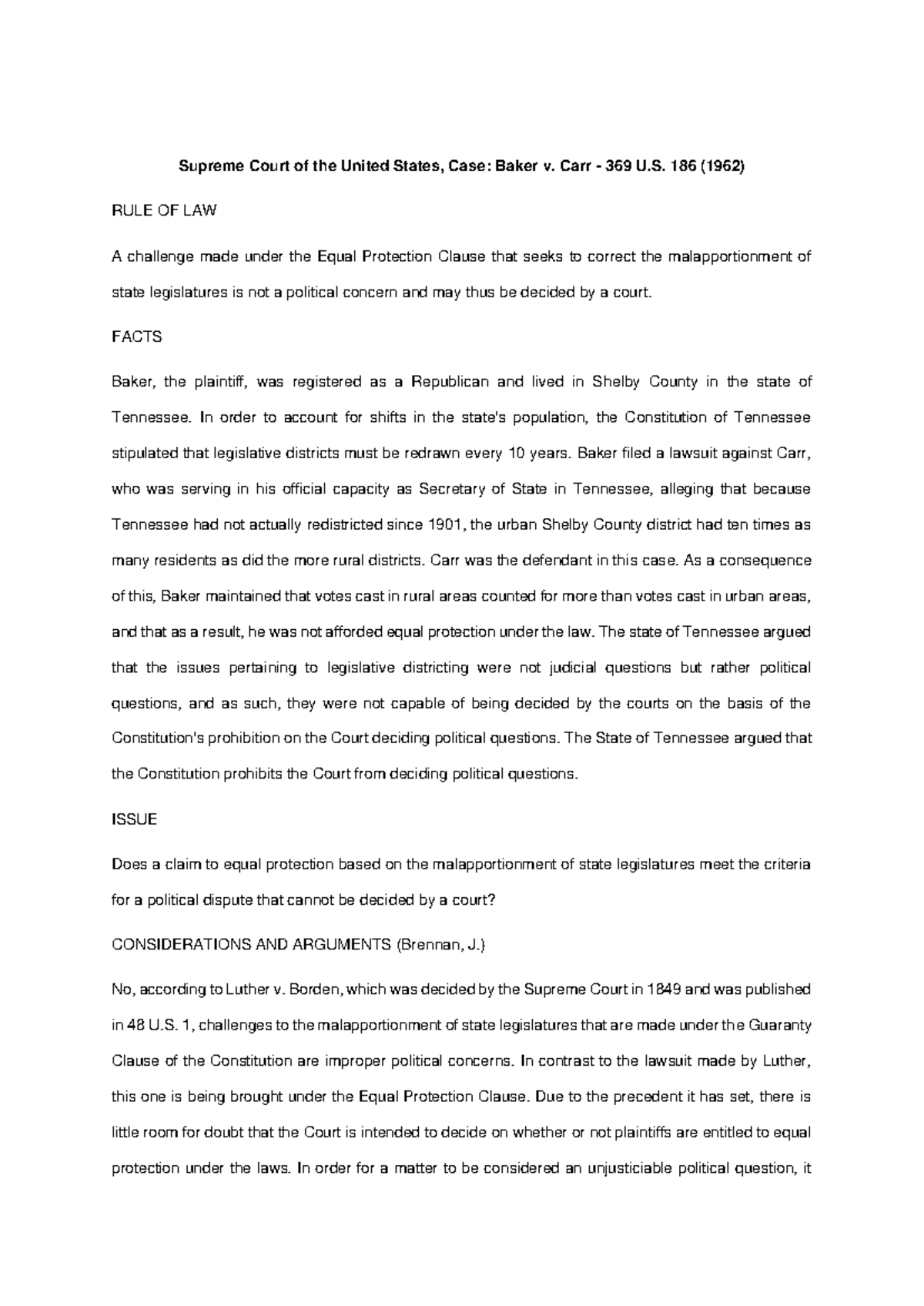 Intro US Baker V. CARR - Supreme Court of the United States, Case ...