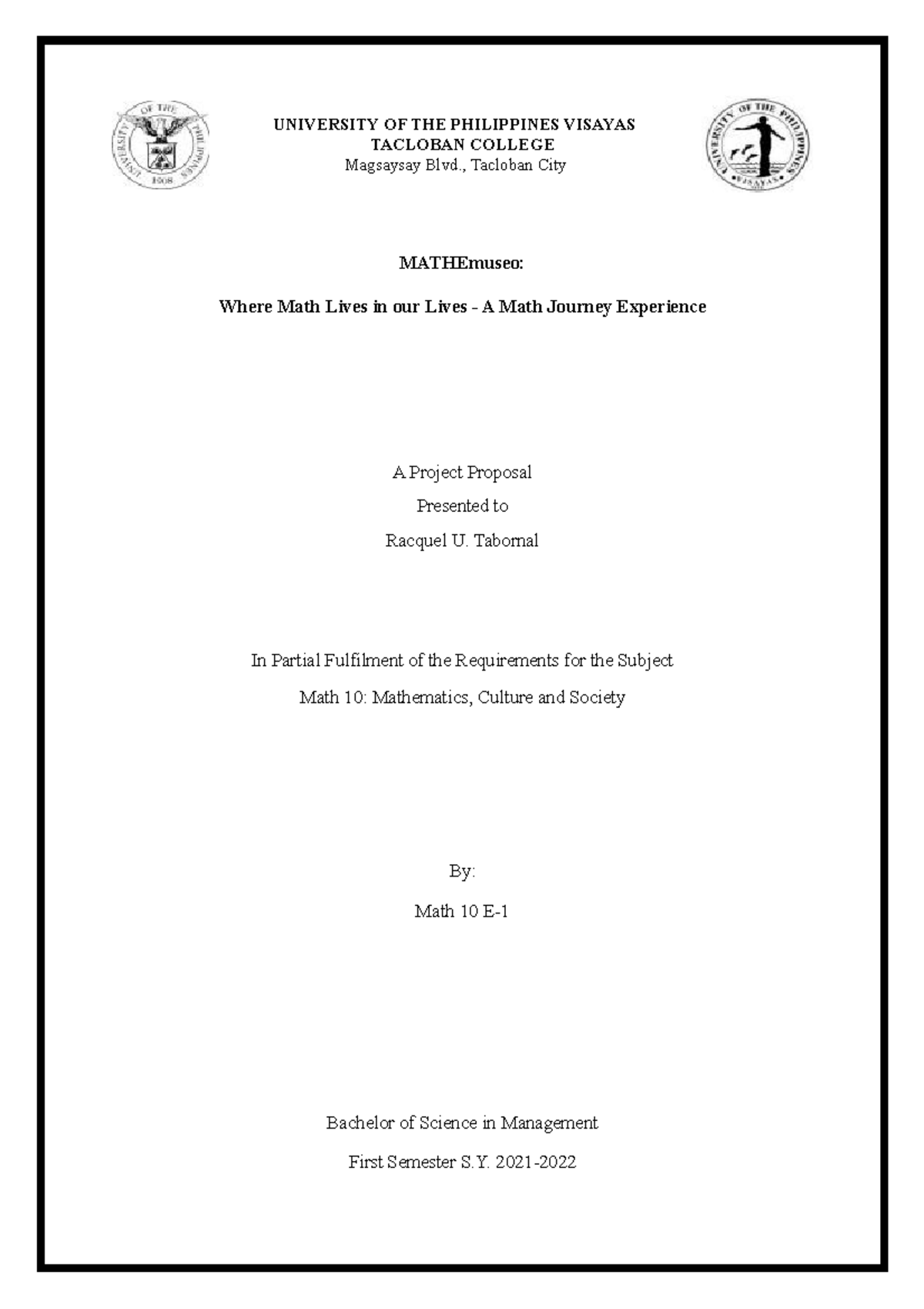 MATH 10 E 1 Project Proposal converted - UNIVERSITY OF THE PHILIPPINES ...