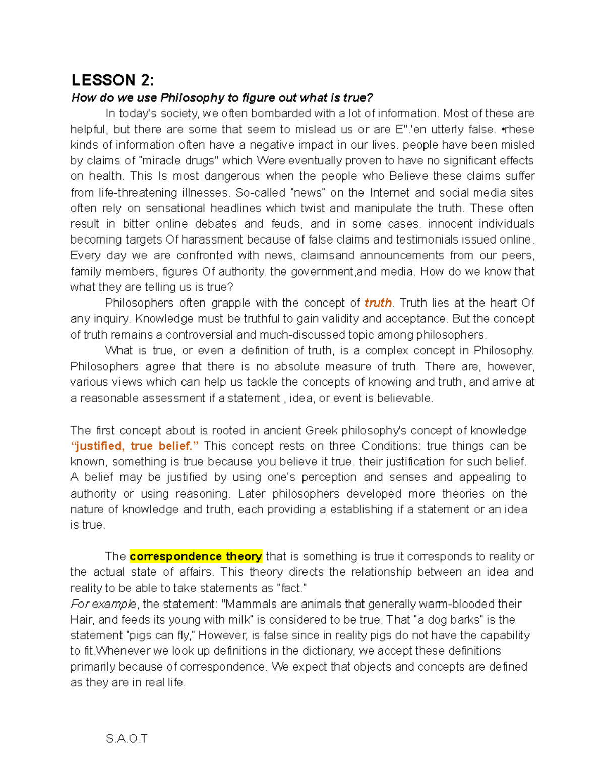 Philosophy - Different Theories on the nature of knowledge and truth ...