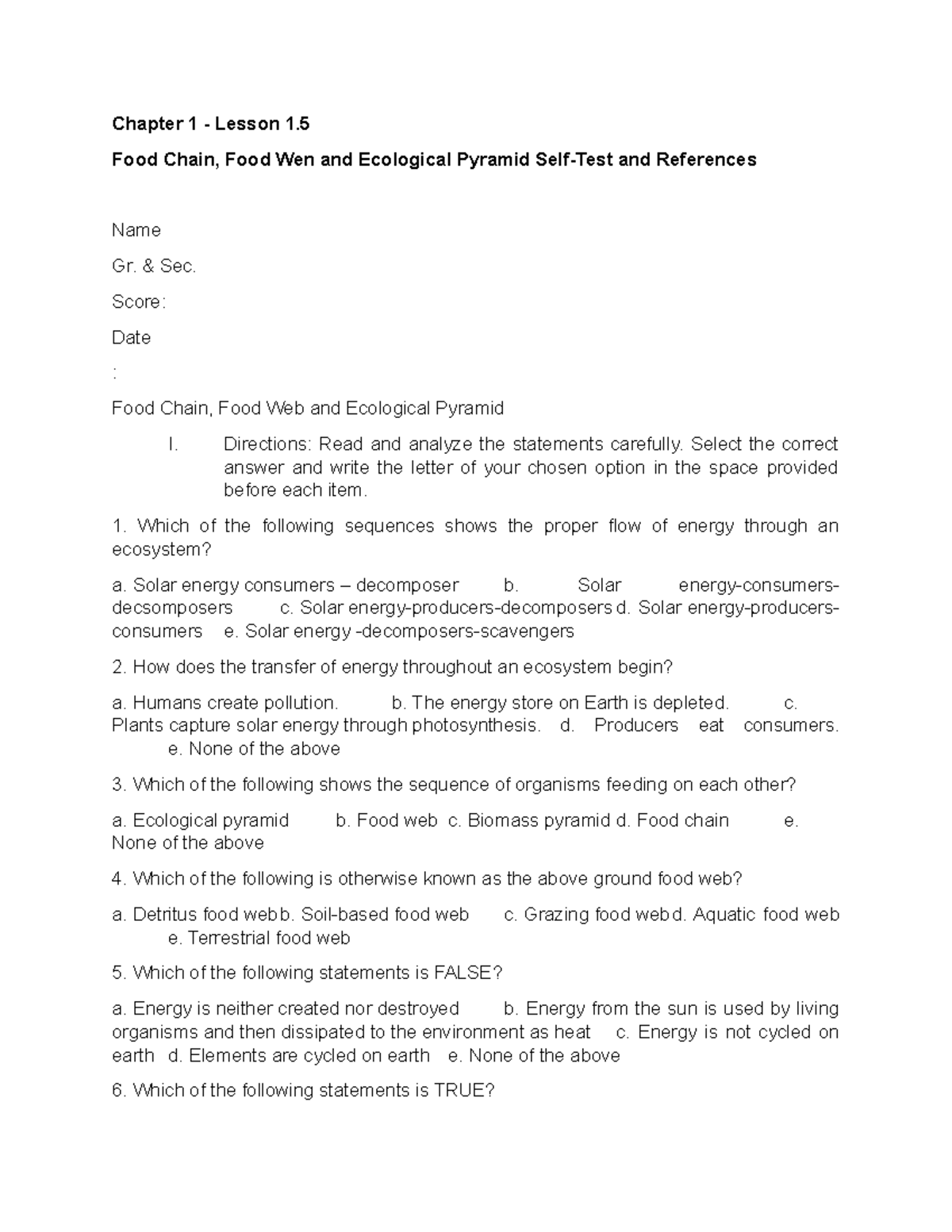 Food Chain Self Test and References - Chapter 1 - Lesson 1. Food Chain ...