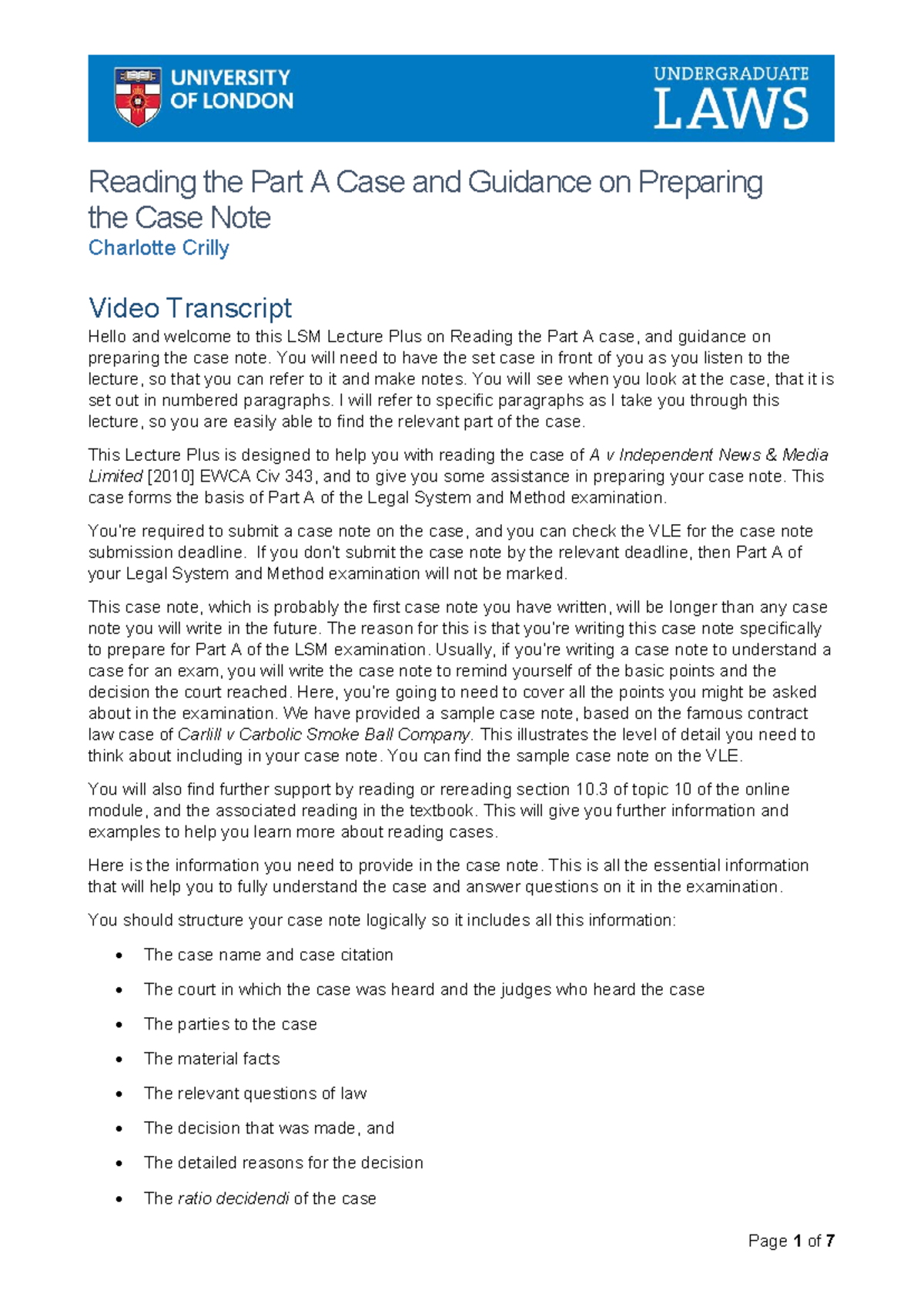 LSM Lecture Plus Transcript (Nov 2022) - Reading the Part A Case and Guidance on Preparing the ...