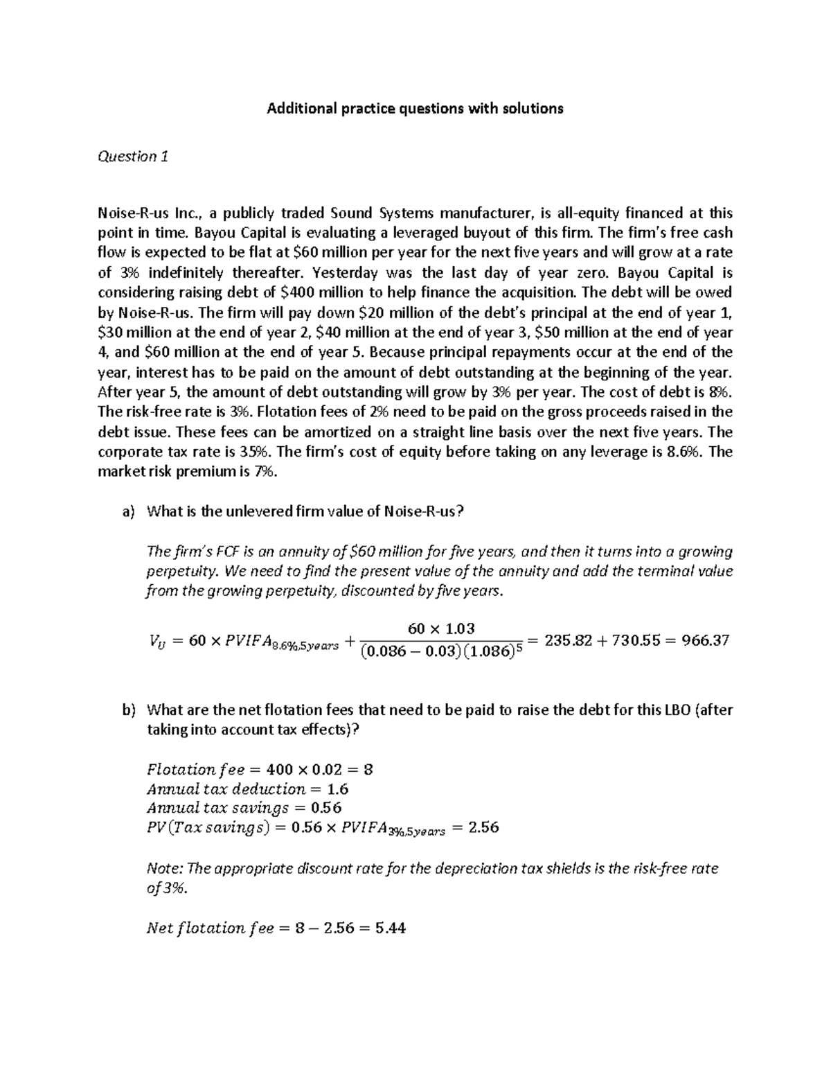 Additional practice questions with solutions Final - Additional practice questions with ...