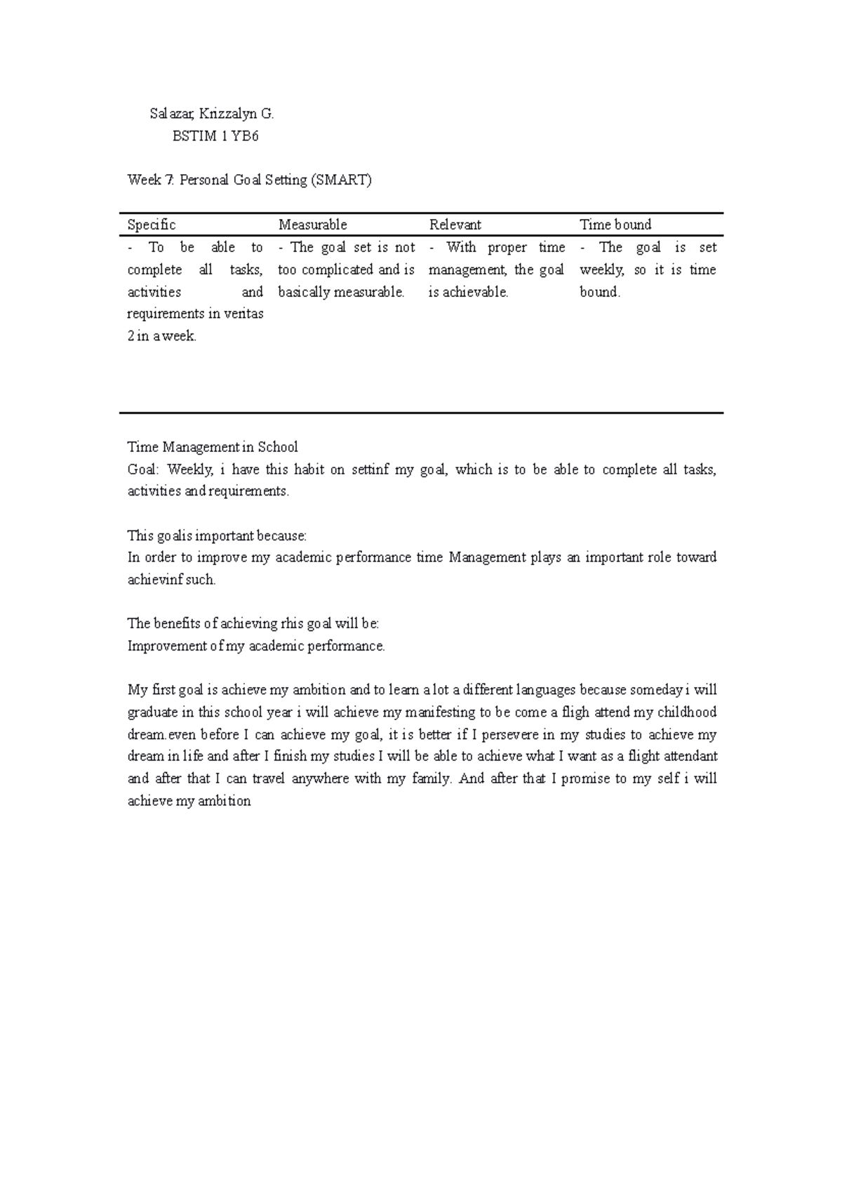 Week 7 personal goal setting - Salazar, Krizzalyn G. BSTIM 1 YB Week 7 ...