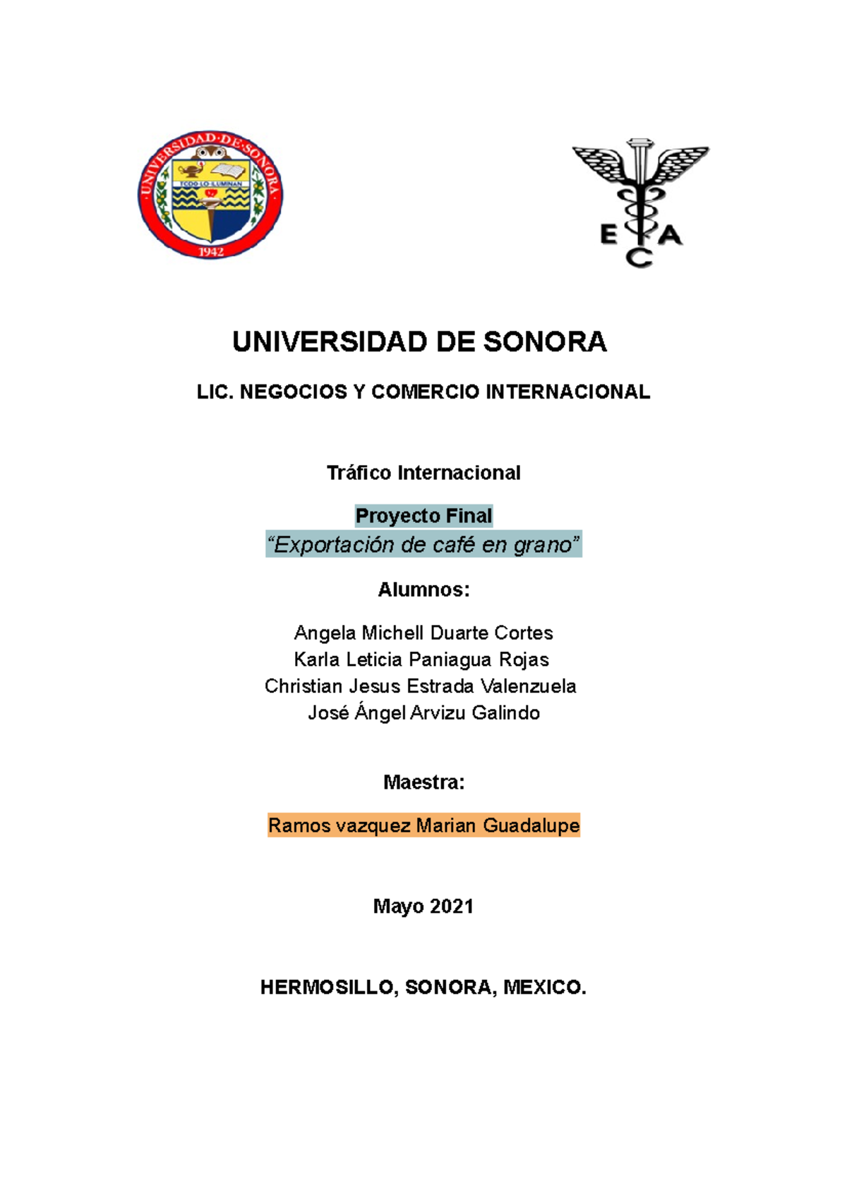 Proyecto Final - UNIVERSIDAD DE SONORA LIC. NEGOCIOS Y COMERCIO ...