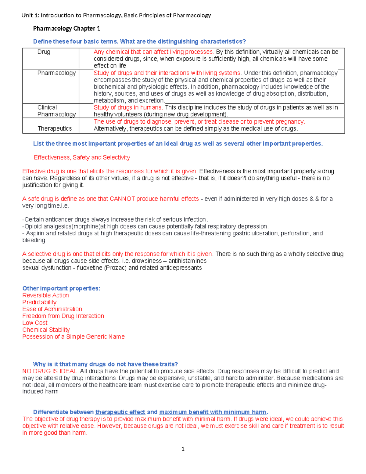Pharmacology Module 1 Chapter questions - Pharmacology Chapter 1 Define ...
