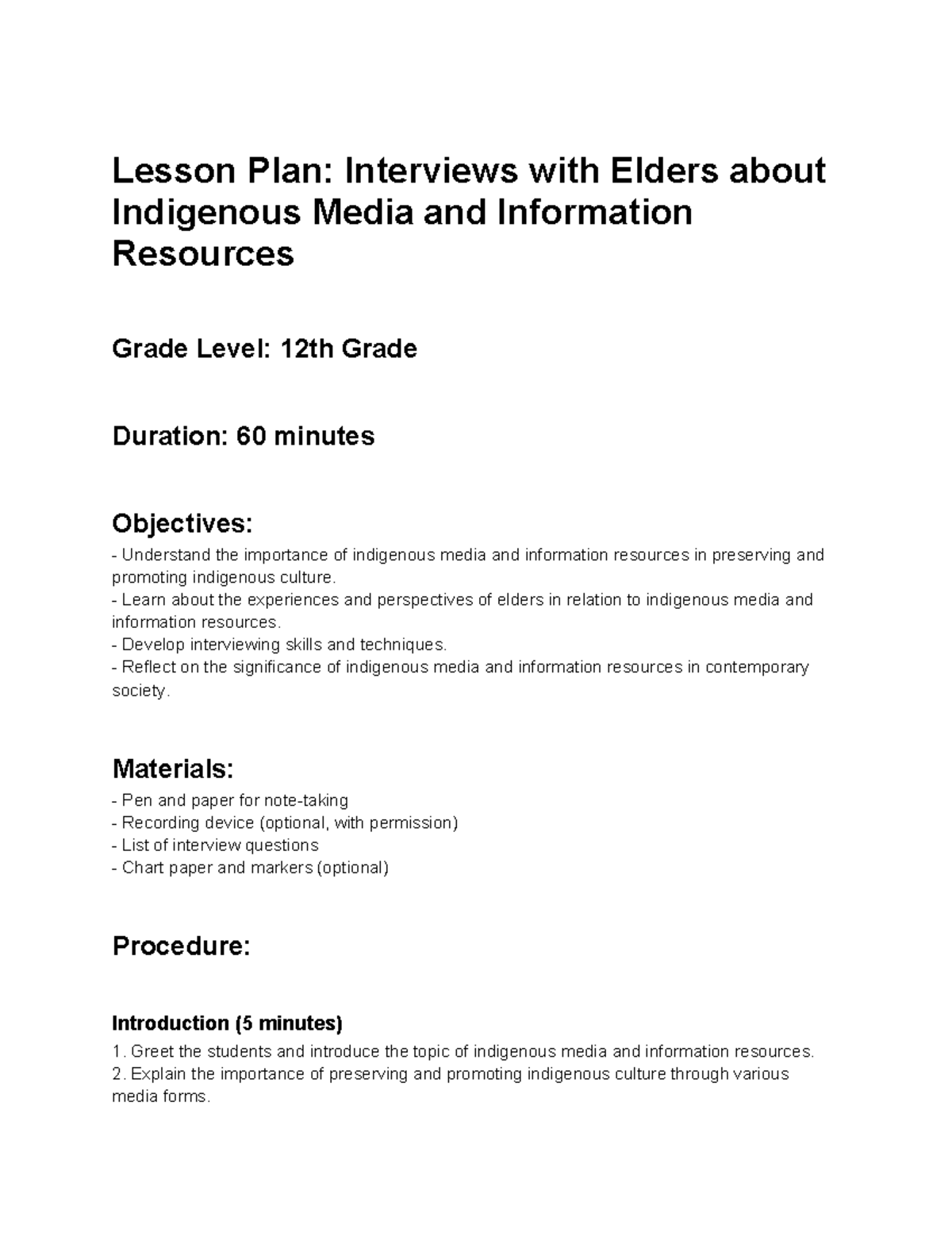 Lesson Plan Interviews with Elders about Indigenous Media and ...