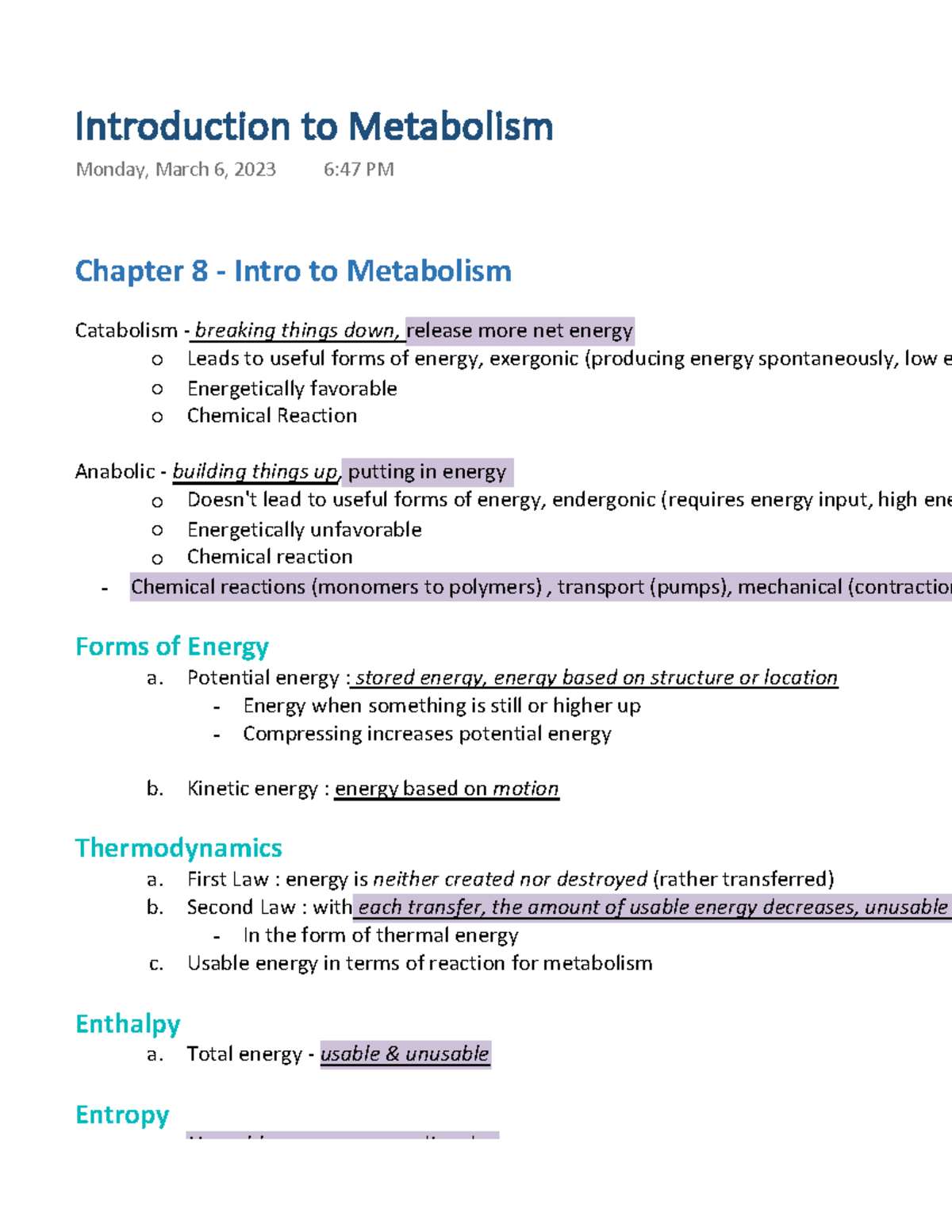 Introduction to Metabolism - Chapter 8 - Intro to Metabolism Catabolism - breaking things down ...