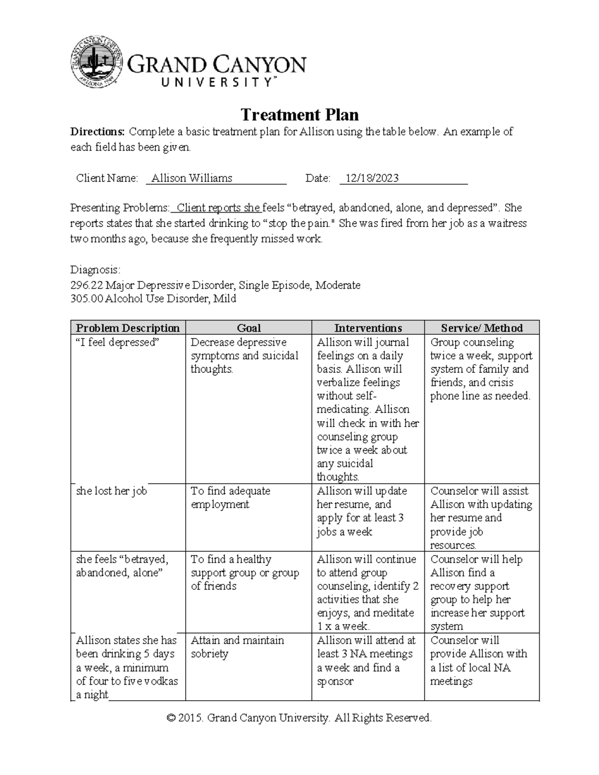 8Allison Treatment Plan - Treatment Plan Directions: Complete a basic ...