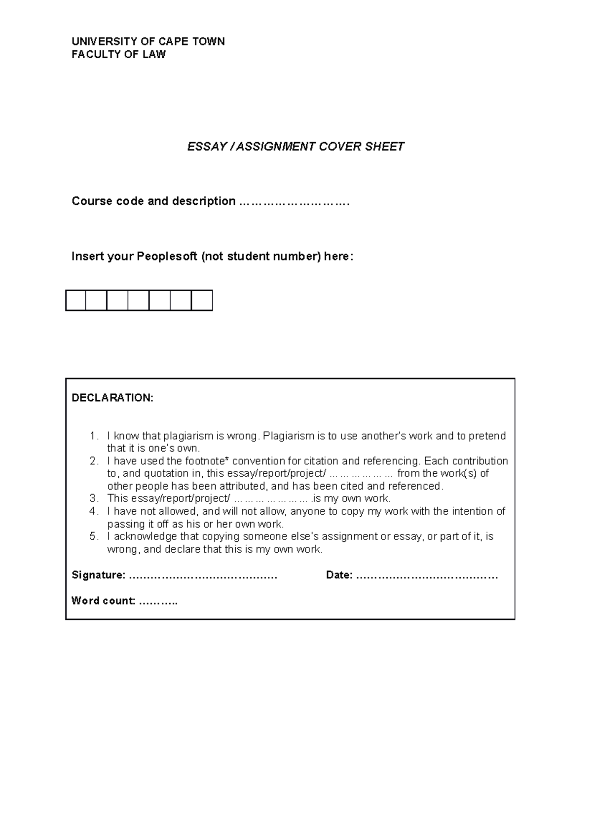 Assignment Cover sheet - UNIVERSITY OF CAPE TOWN FACULTY OF LAW ESSAY ...