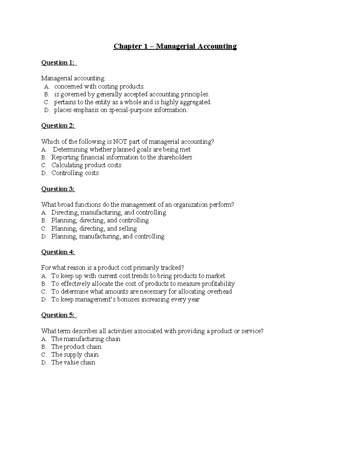 Questions tutorial chap 1 - Chapter 1 – Managerial Accounting Question ...
