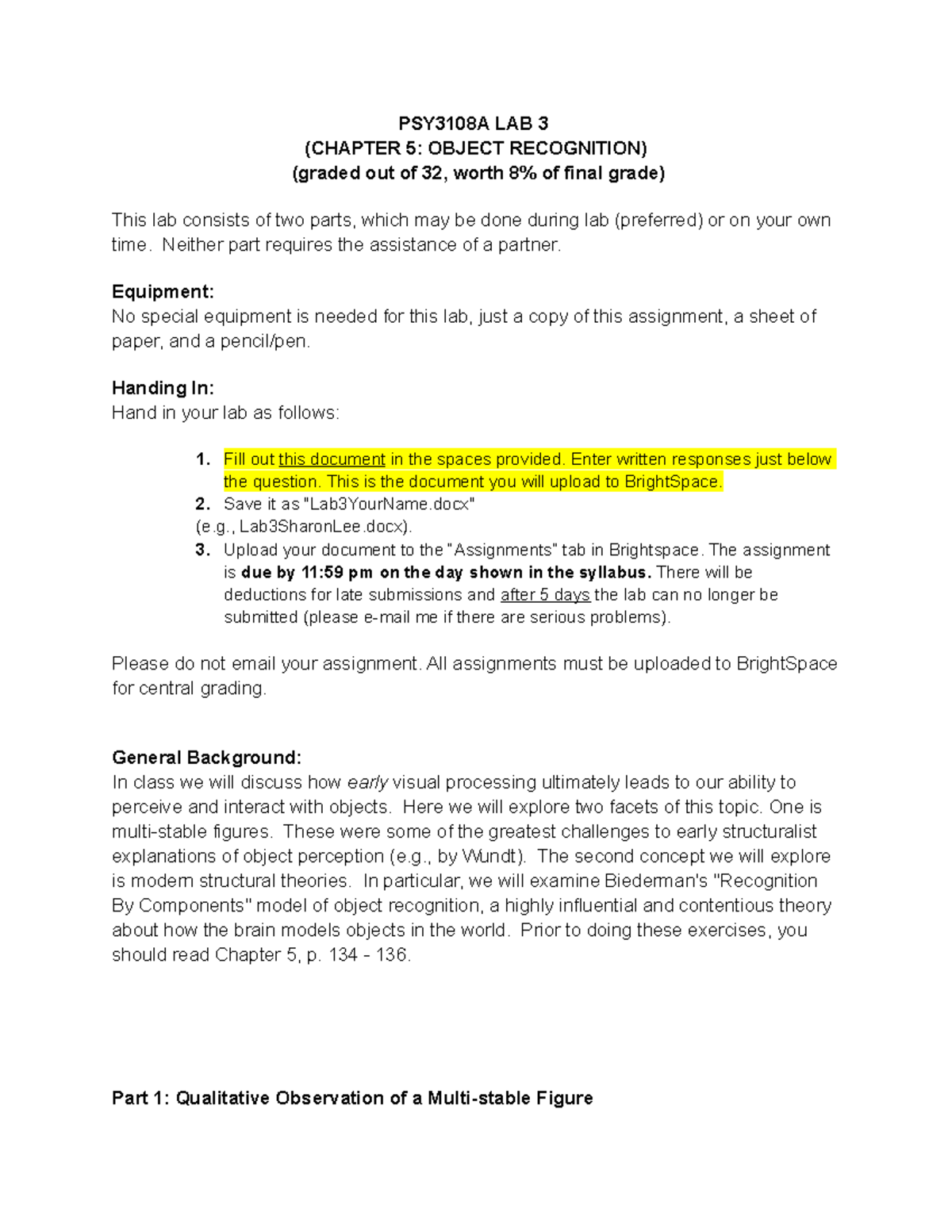 LAB3 - Lab Report - PSY3108A LAB 3 (CHAPTER 5: OBJECT RECOGNITION ...