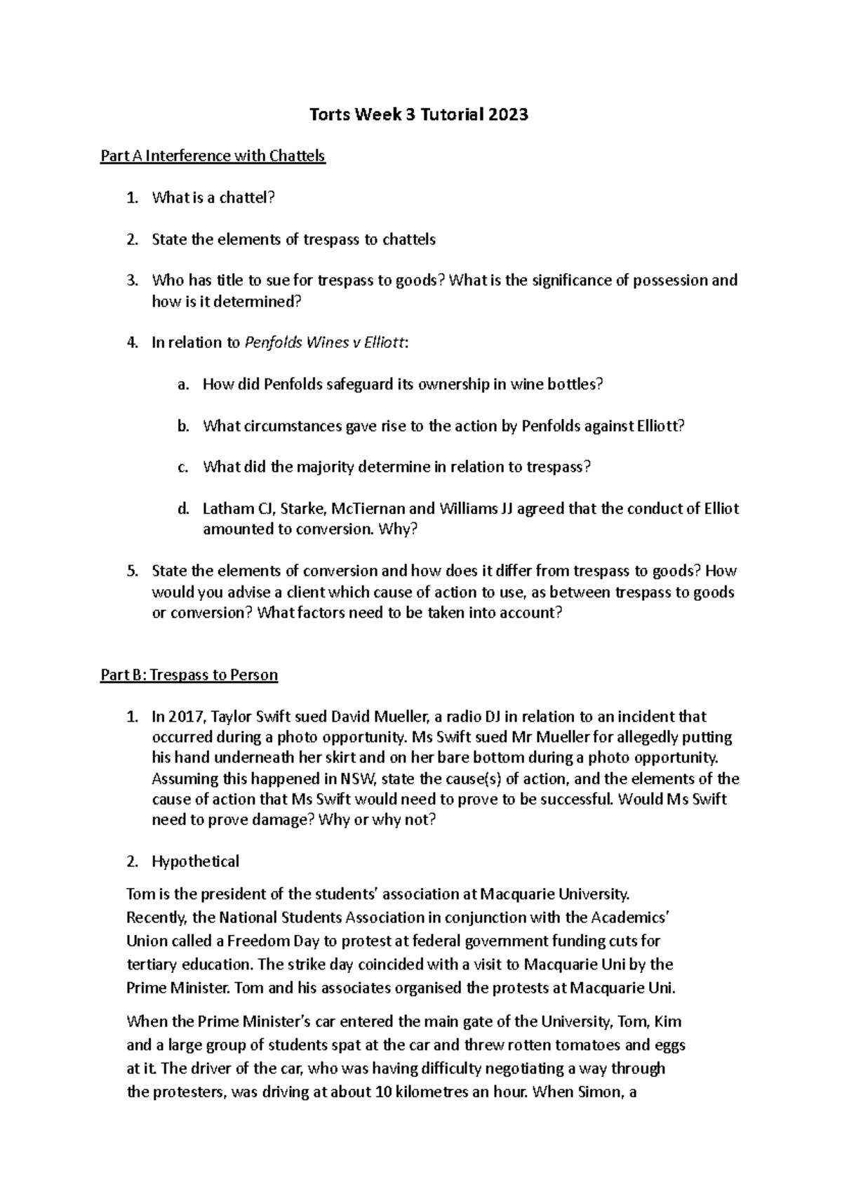 Week 3 Tutorial Questions Torts Week 3 Tutorial 2023 Part A Interference With Chattels What Is 