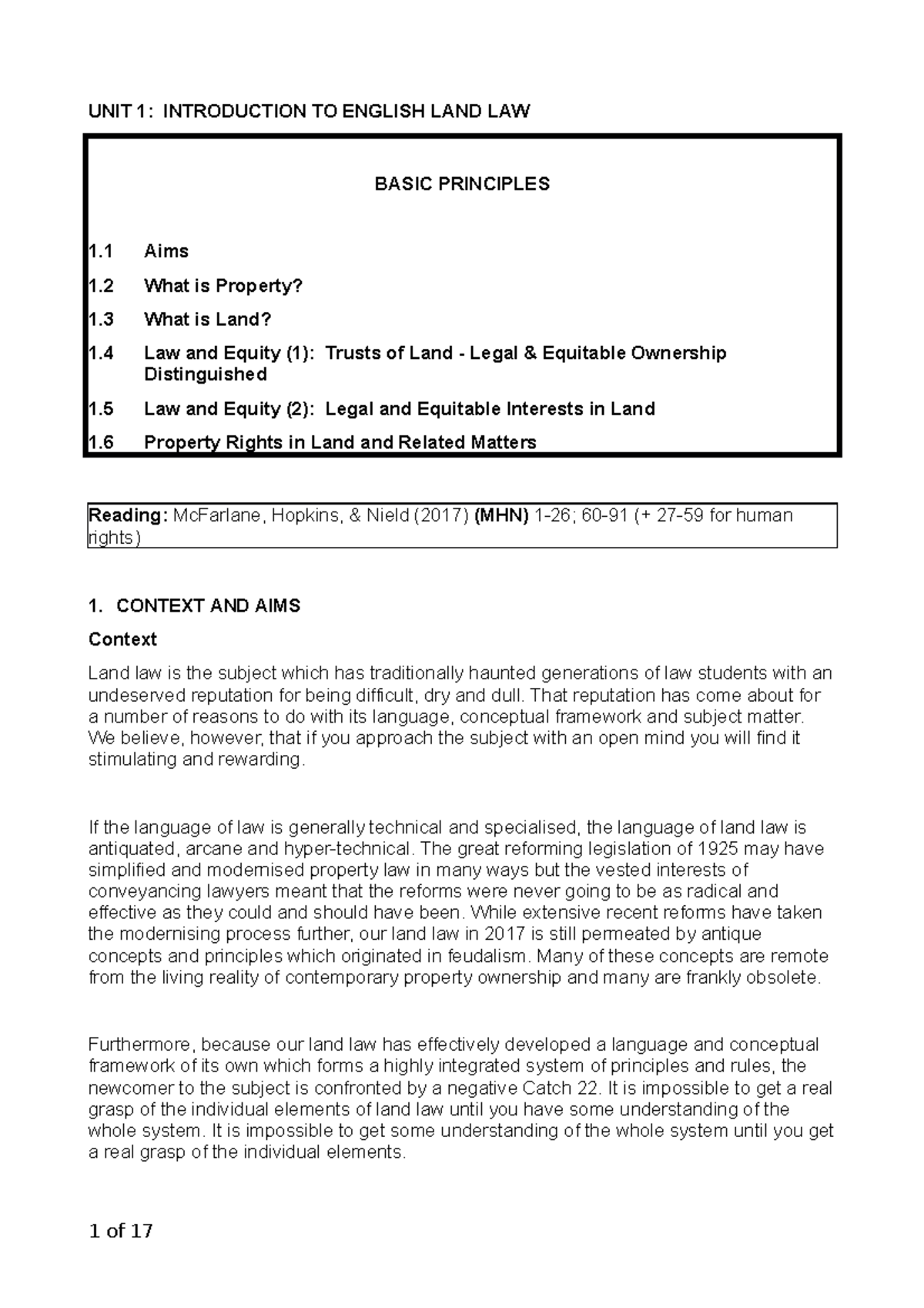 Land law reading for tutorial 1 - UNIT 1: INTRODUCTION TO ENGLISH LAND ...
