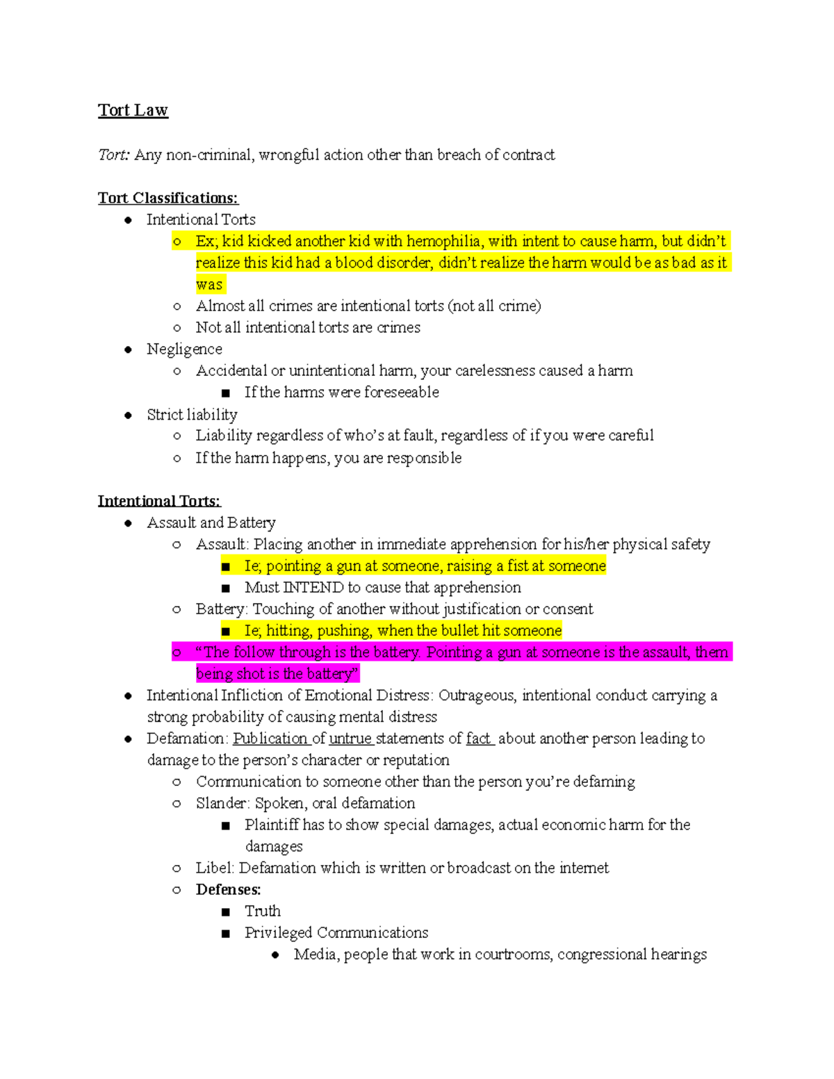 L201 Notes Unit 3 - Tort Law Tort: Any non-criminal, wrongful action ...