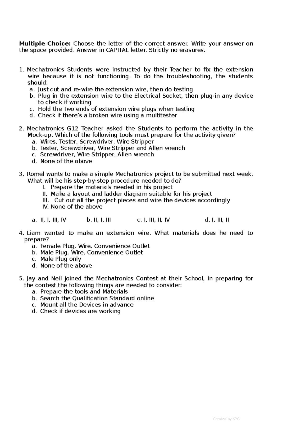 Mecha-CBEA - Exam - Multiple Choice: Choose the letter of the correct ...