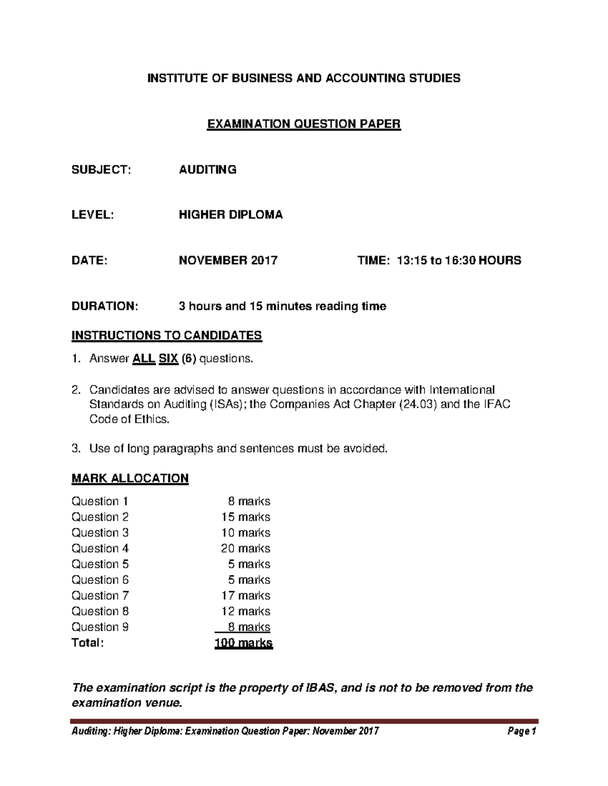 Auditing QP Nov 2017 - INSTITUTE OF BUSINESS AND ACCOUNTING STUDIES ...