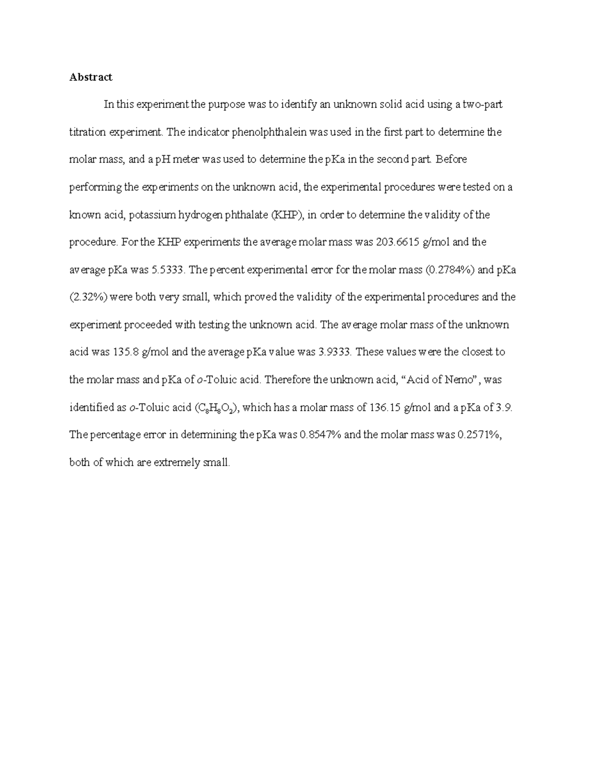 E5 The Identification of an Unknown Solid Acid Lab report - Abstract In ...
