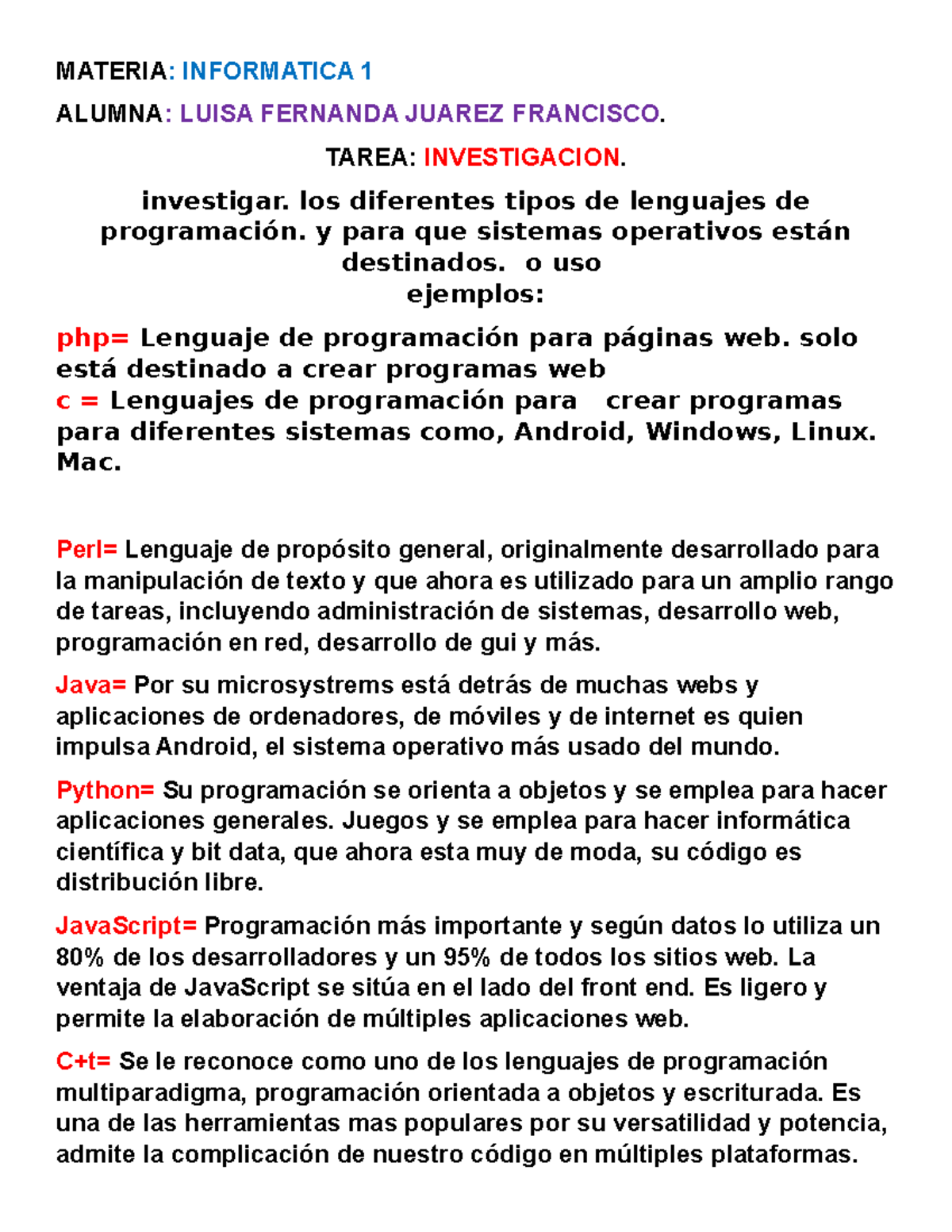Informatica 1-1 - MATERIA: INFORMATICA 1 ALUMNA: LUISA FERNANDA JUAREZ ...
