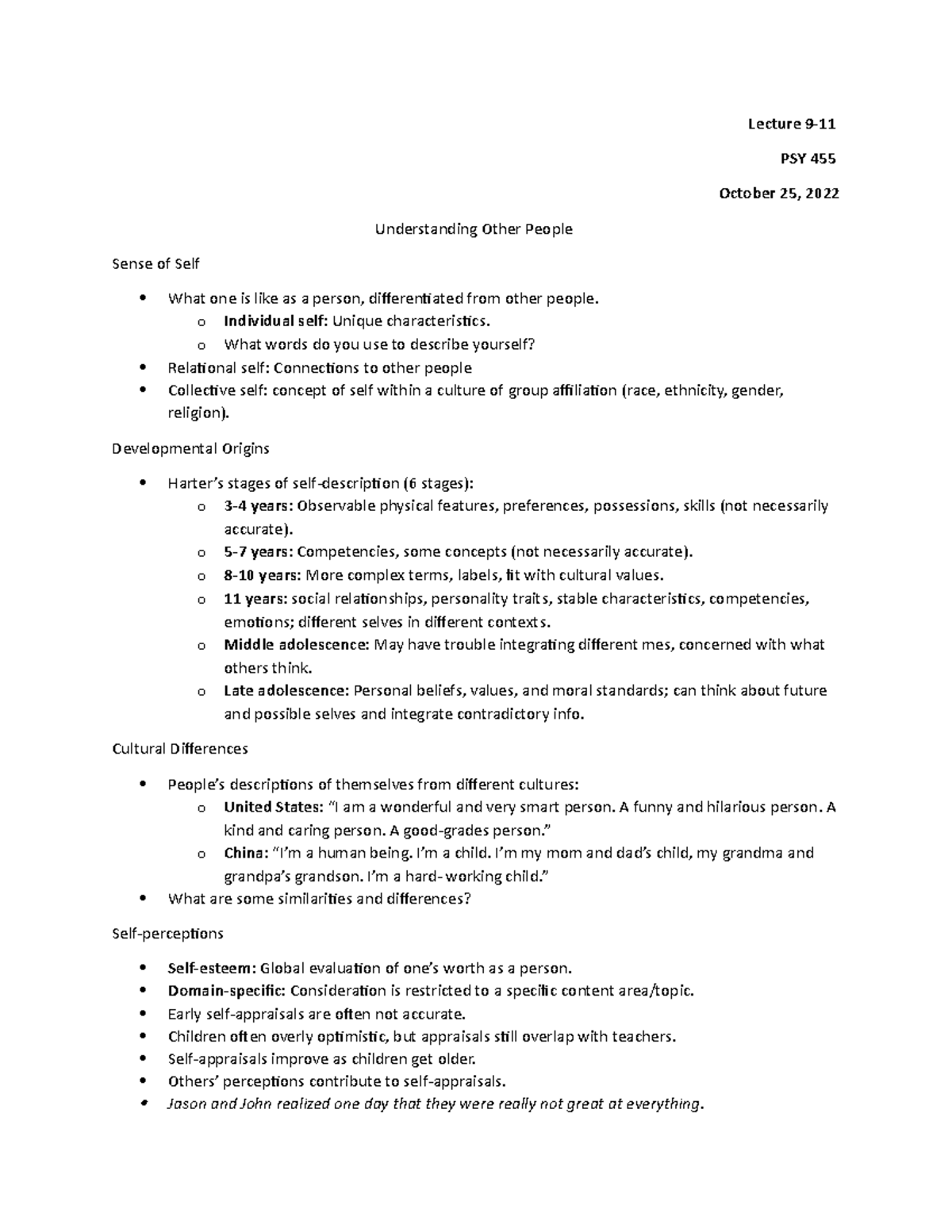 Lecture 9 11 - Understanding Others - Lecture 9- PSY 455 October 25 ...