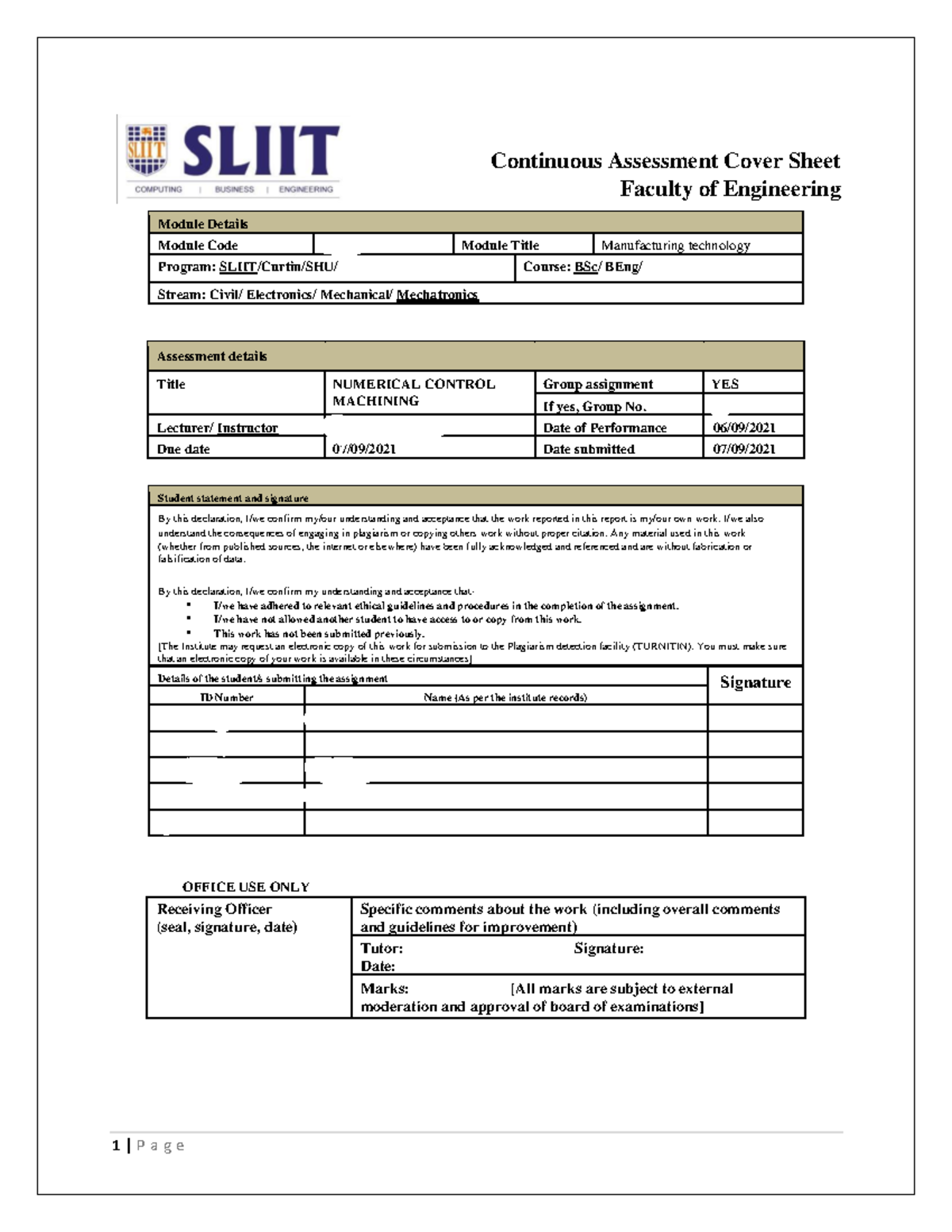 Numerical Control Machining - Continuous Assessment Cover Sheet Faculty ...