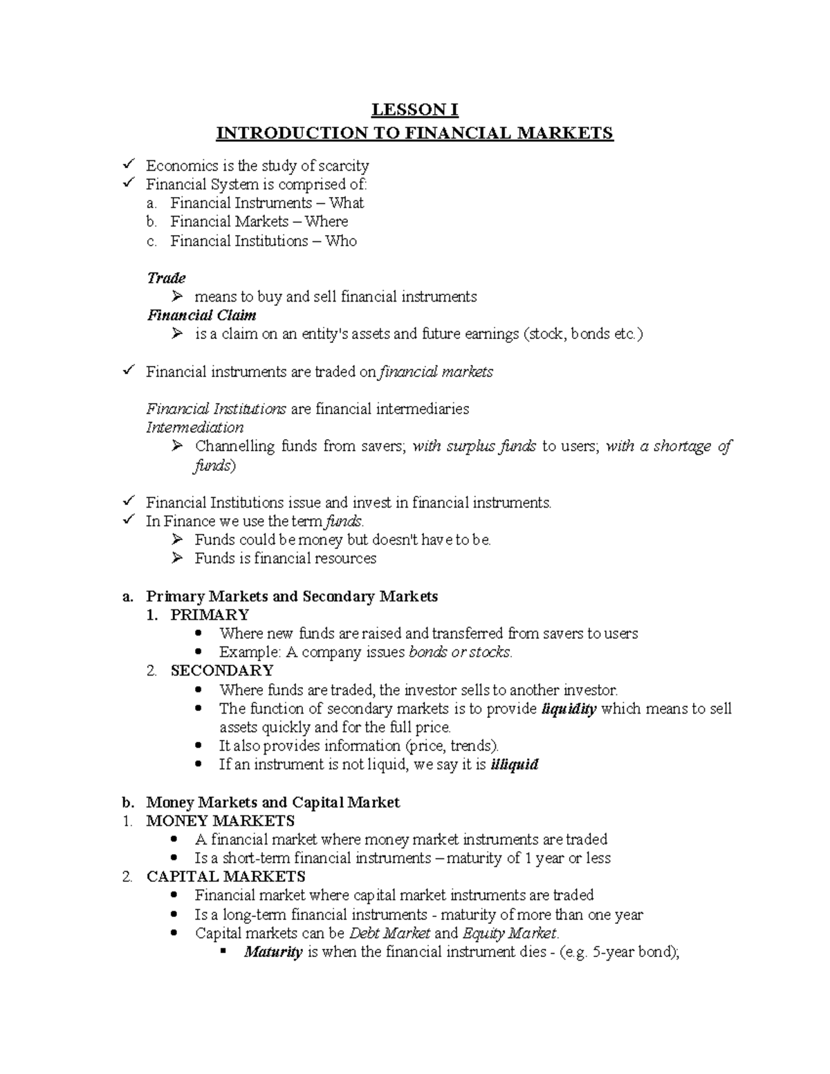 Lesson 1 Financial Market - LESSON I INTRODUCTION TO FINANCIAL MARKETS ...