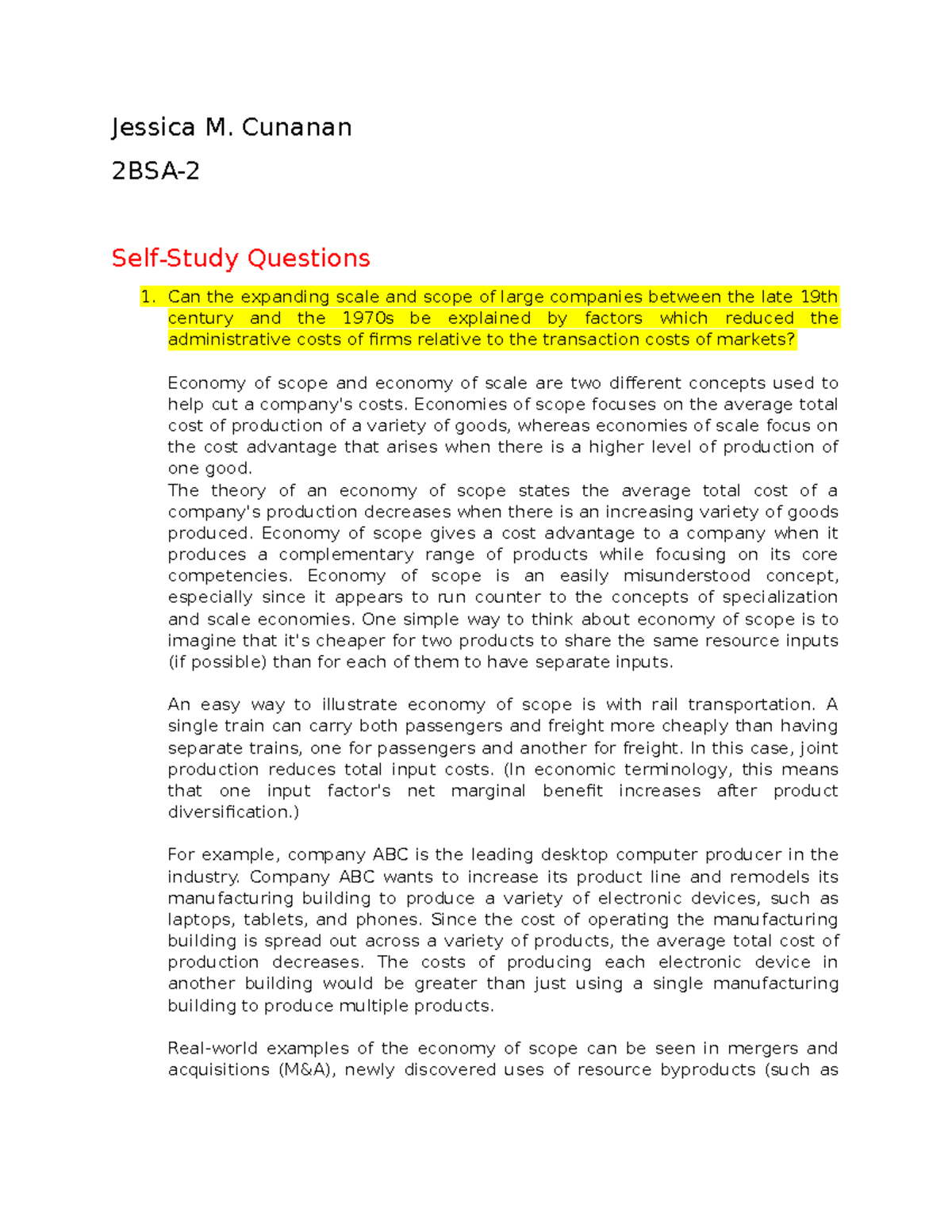 Assignment 9-Cunanan (2BSA-2) - Jessica M. Cunanan 2BSA- Self‐Study ...