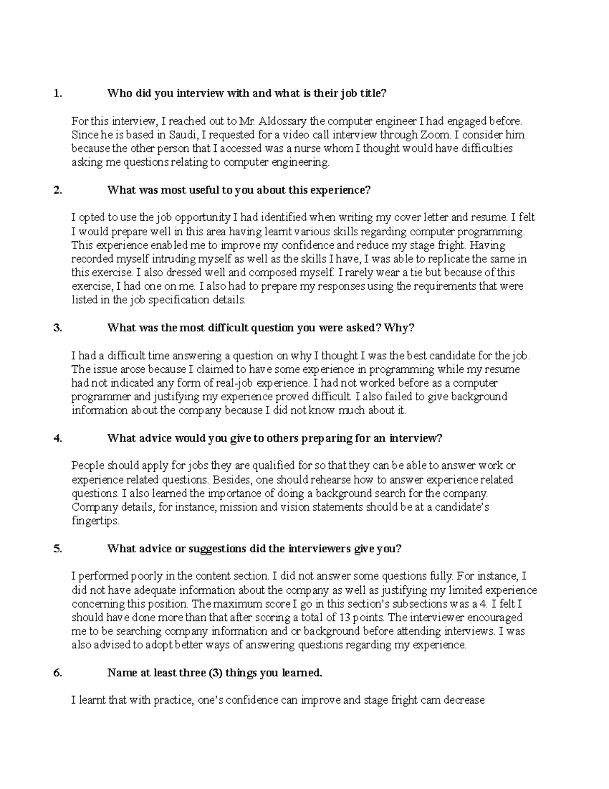 Mock Interview and Reflection - Who did you interview with and what is ...