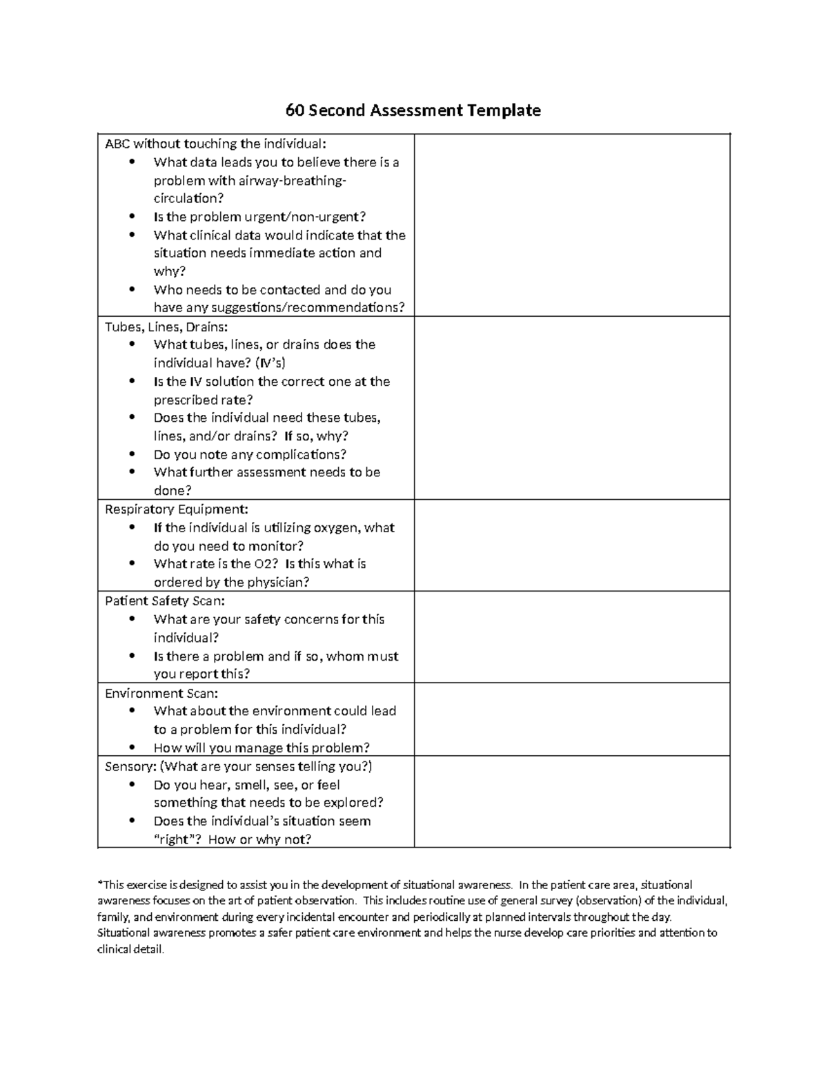 60 Second Assessment - blah - 60 Second Assessment Template ABC without ...