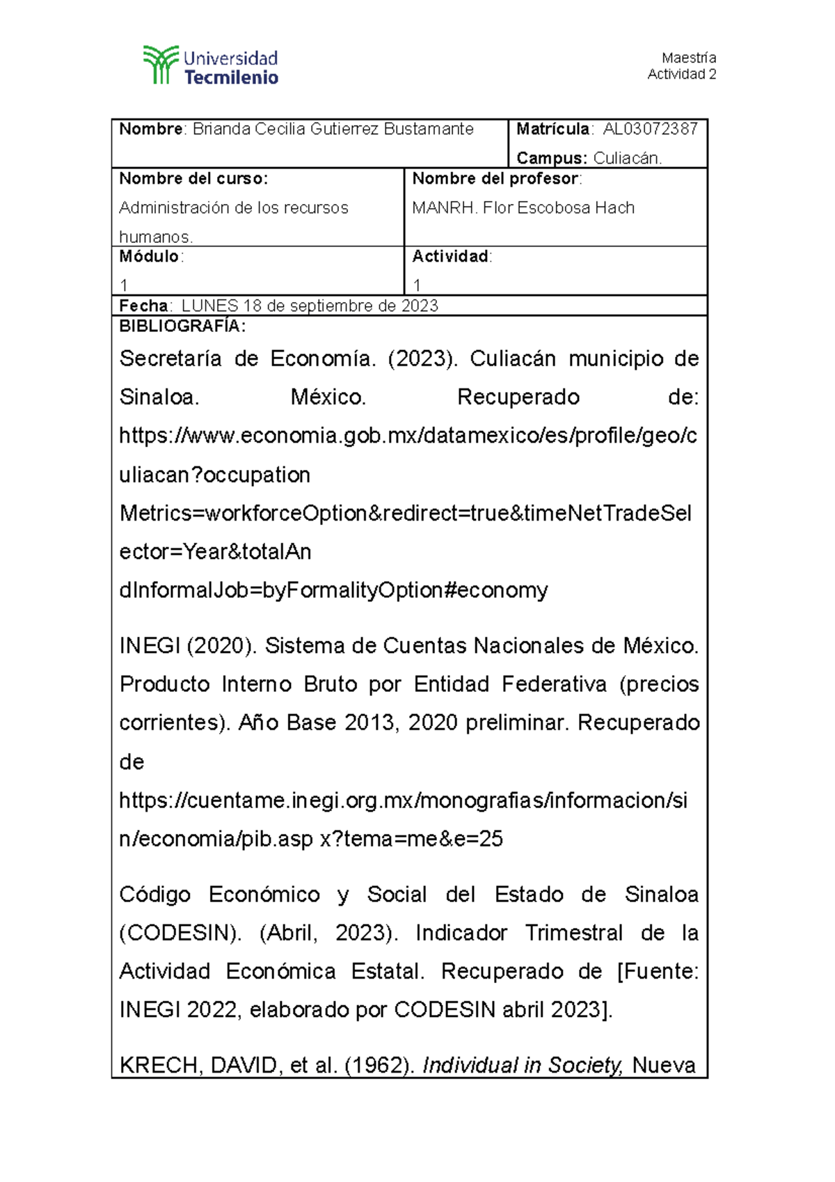 Actividad 2 Admin Recursos Humanos - Actividad 2 Nombre: Brianda Cecilia Gutierrez Bustamante ...