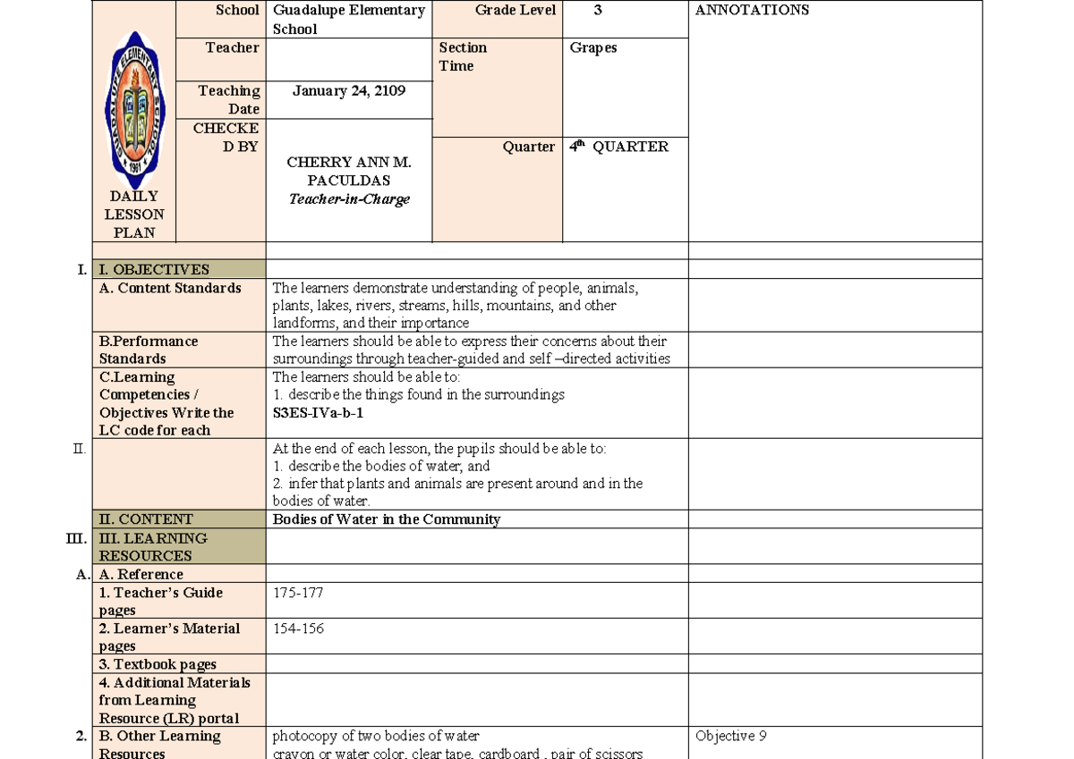 THE Quarter FOUR Grade 3 Science Detailed PLAN Updated - DAILY LESSON ...