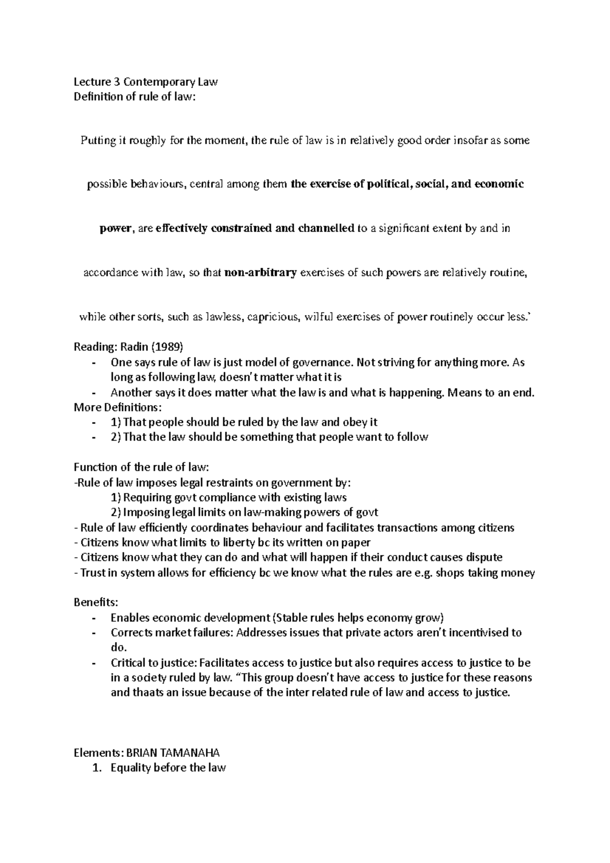 Lecture 3 Contemporary Law - ’ Reading: Radin (1989) - One says rule of ...