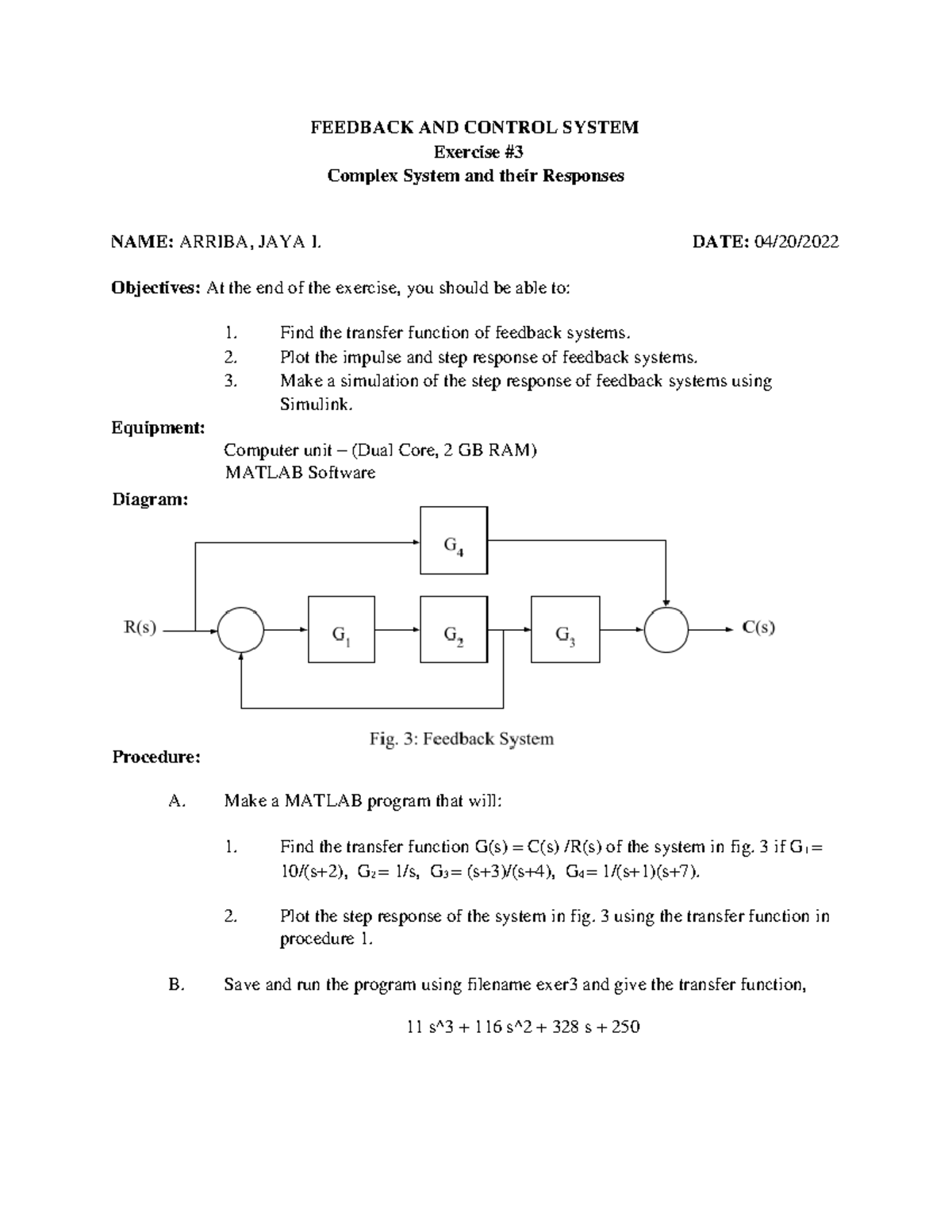 CPE electronics laboratory - FEEDBACK AND CONTROL SYSTEM Exercise ...
