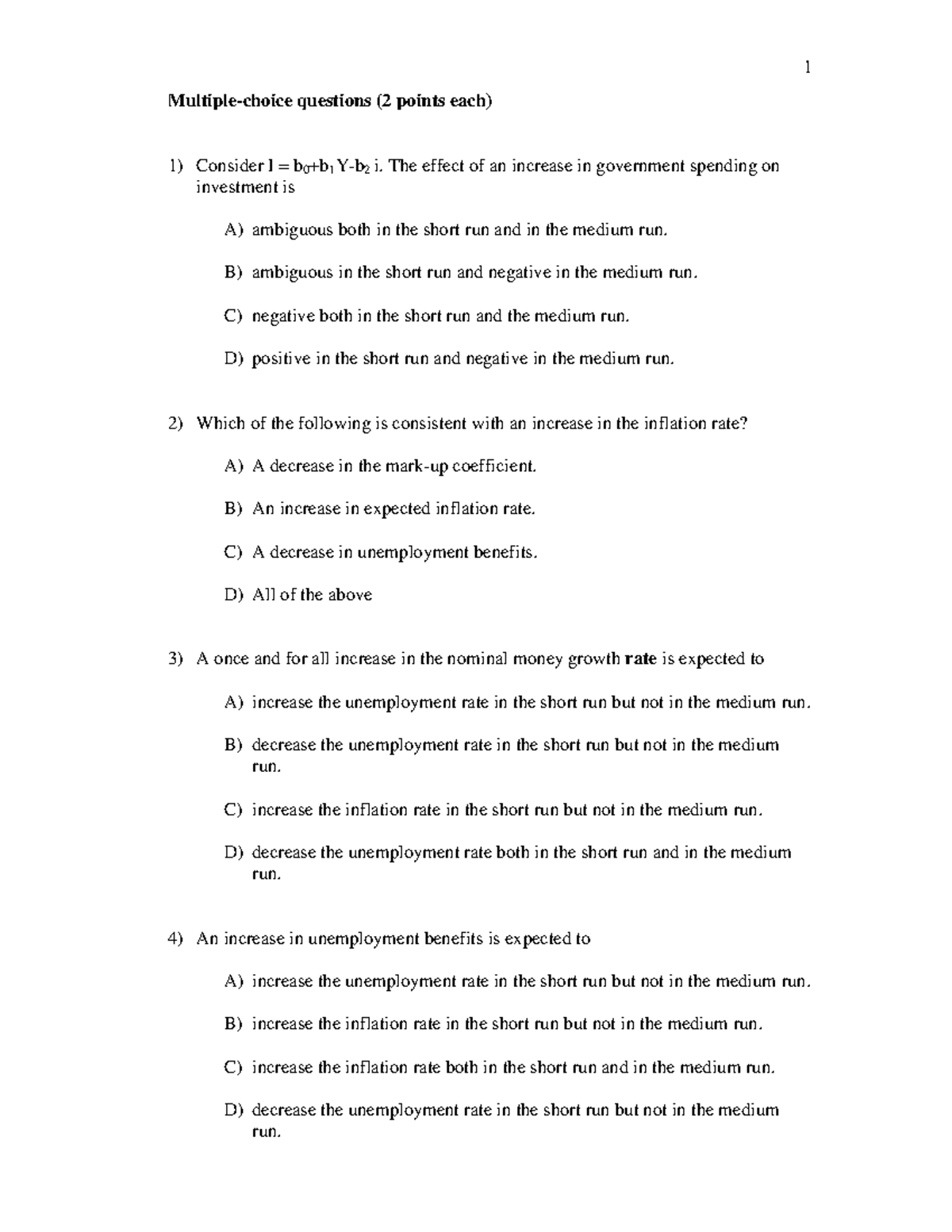 Quiz2 - Good - Multiple-choice questions (2 points each) Consider I = b ...