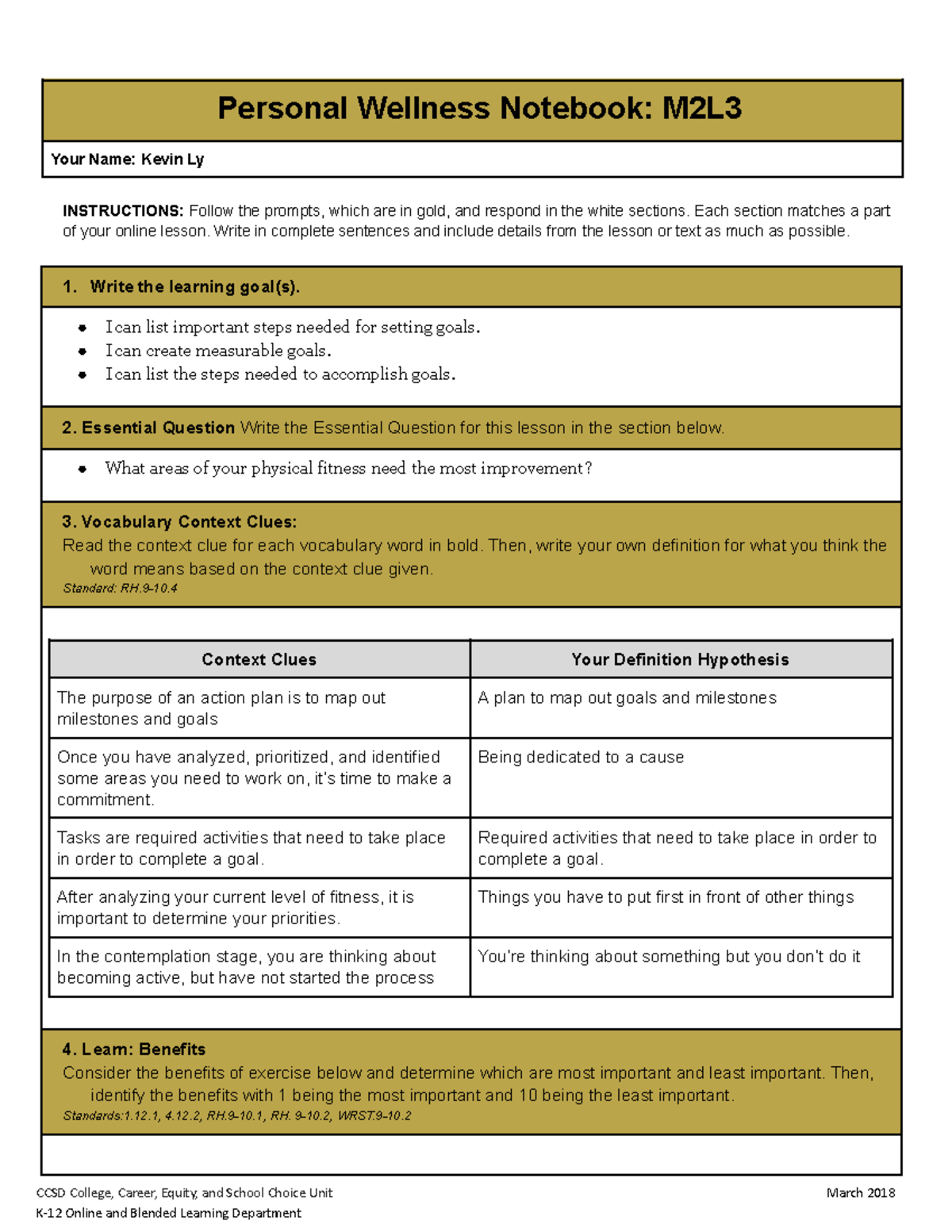 Health Personal Wellness Notebook M2L3 - Personal Wellness Notebook ...