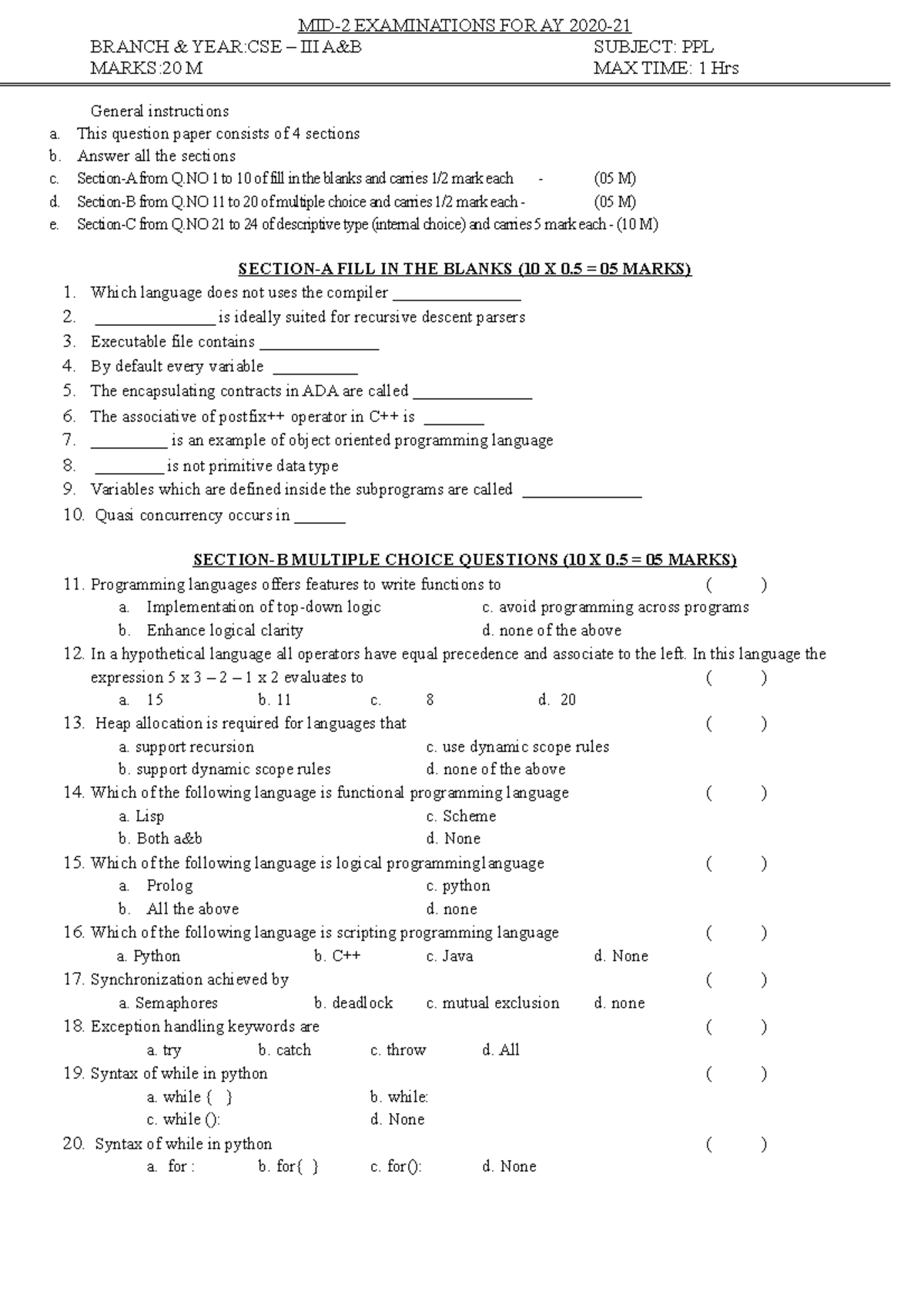 PPL-3YR - Question papers - MID-2 EXAMINATIONS FOR AY 2020- BRANCH ...