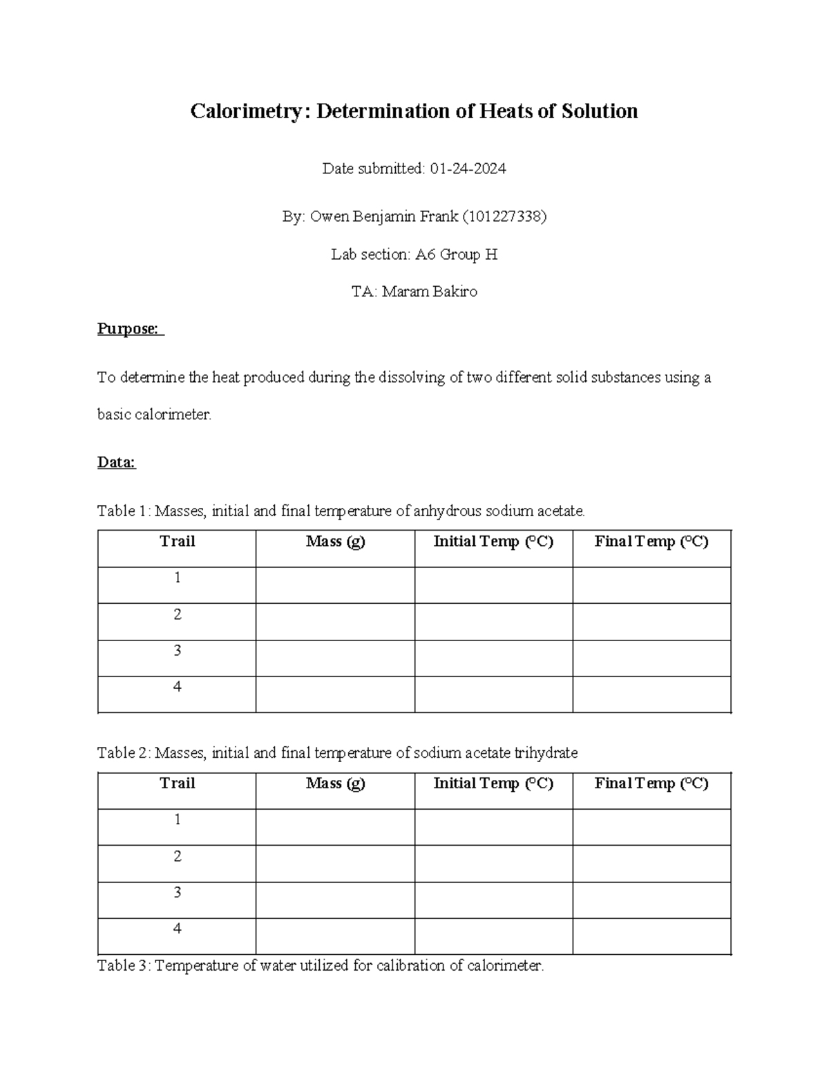 Cal Pre-Lab 2024 - Calorimetry: Determination of Heats of Solution Date ...
