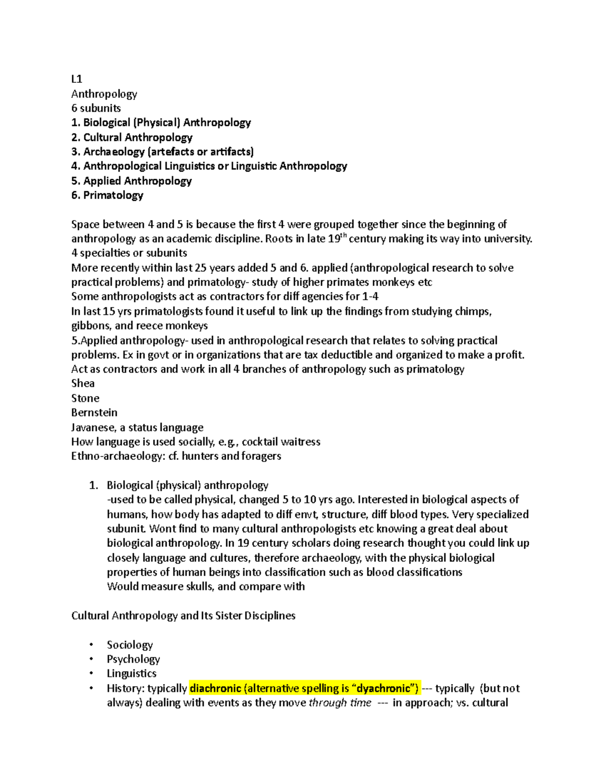 ANT 102 L1-4 - notes for lecture 1 - L Anthropology 6 subunits ...
