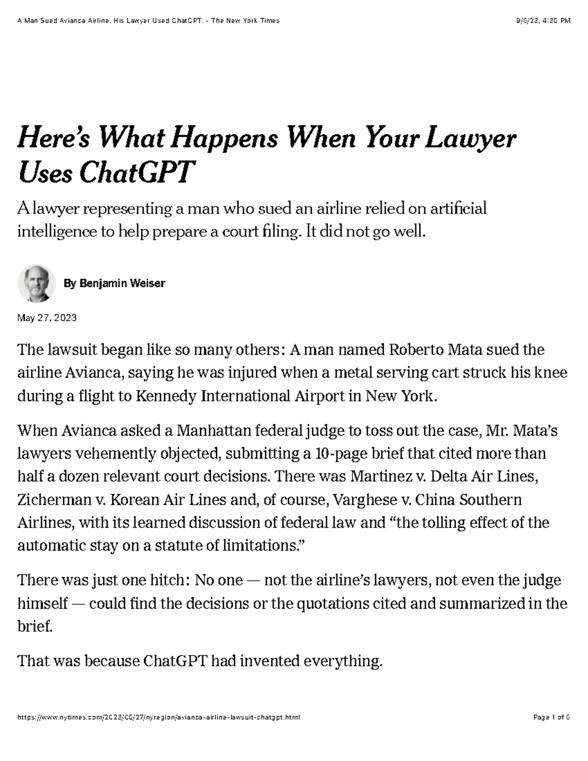 A Man Sued Avianca Airline. His Lawyer Used Chat GPT. - The New York Times - A lawyer ...