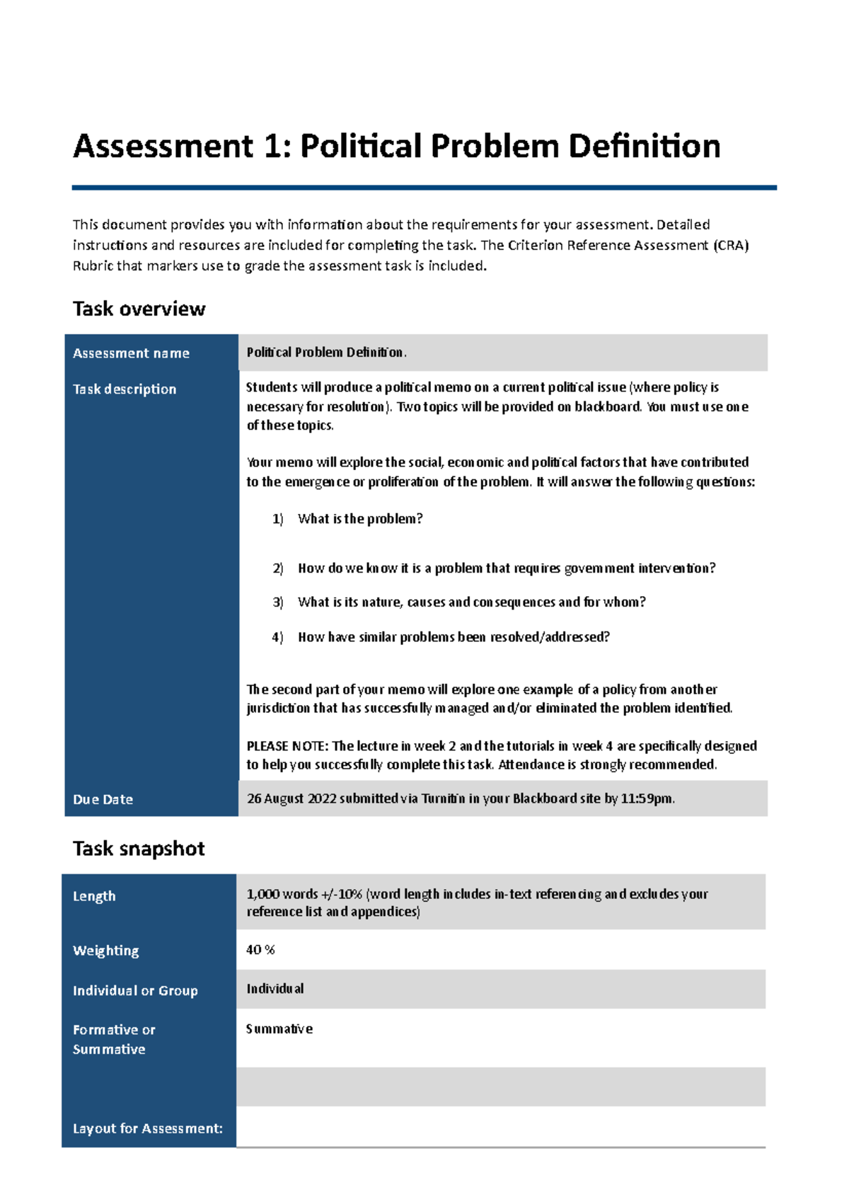 Assessment 2 - Research - Assessment 1: Political Problem Definition ...