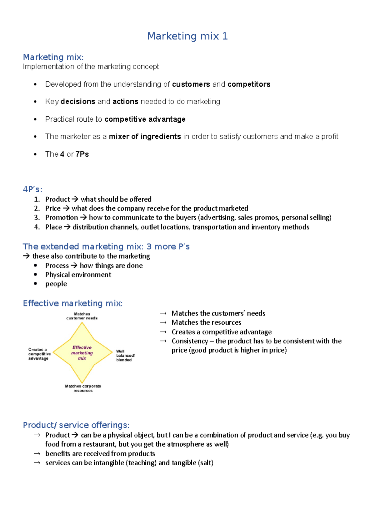 8 - Marketing mix 1 - Condensed notes - Marketing mix 1 Marketing mix ...