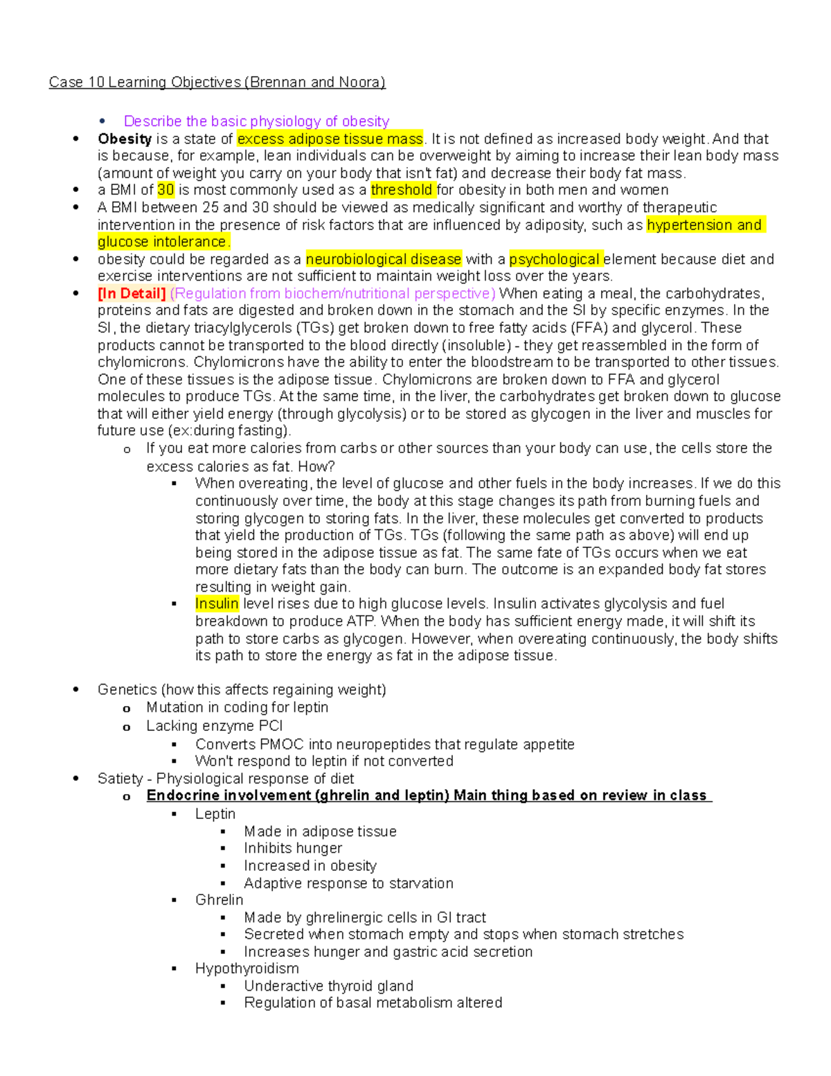Case 10 - Study guide for obesity case with learning objectives - Case ...