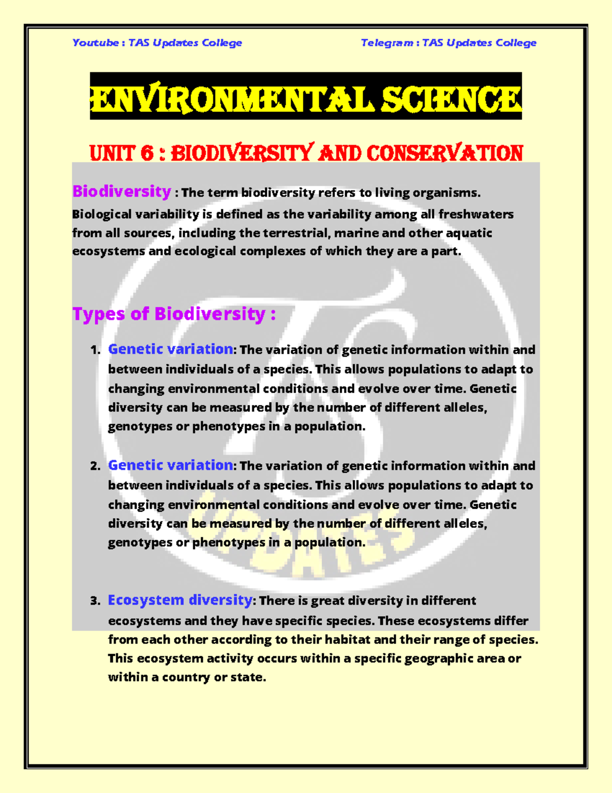 Unit 6 Biodiversity and Conservation Semester 3 - Environmental Science ...