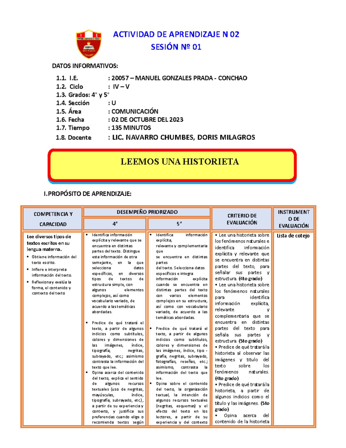 Sesion Leemos UNA Historieta - ACTIVIDAD DE APRENDIZAJE N 02 SESIÓN Nº 01 ####### DATOS - Studocu