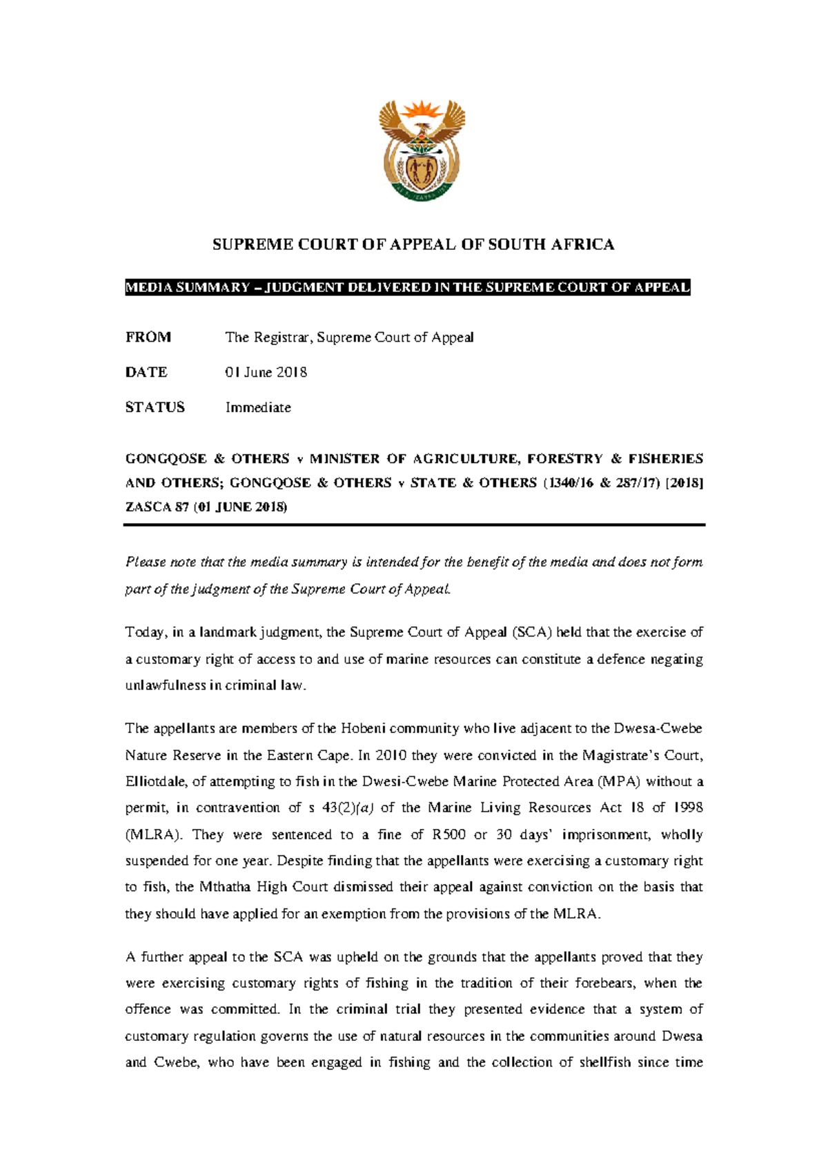 87media - SUPREME COURT OF APPEAL OF SOUTH AFRICA MEDIA SUMMARY ...