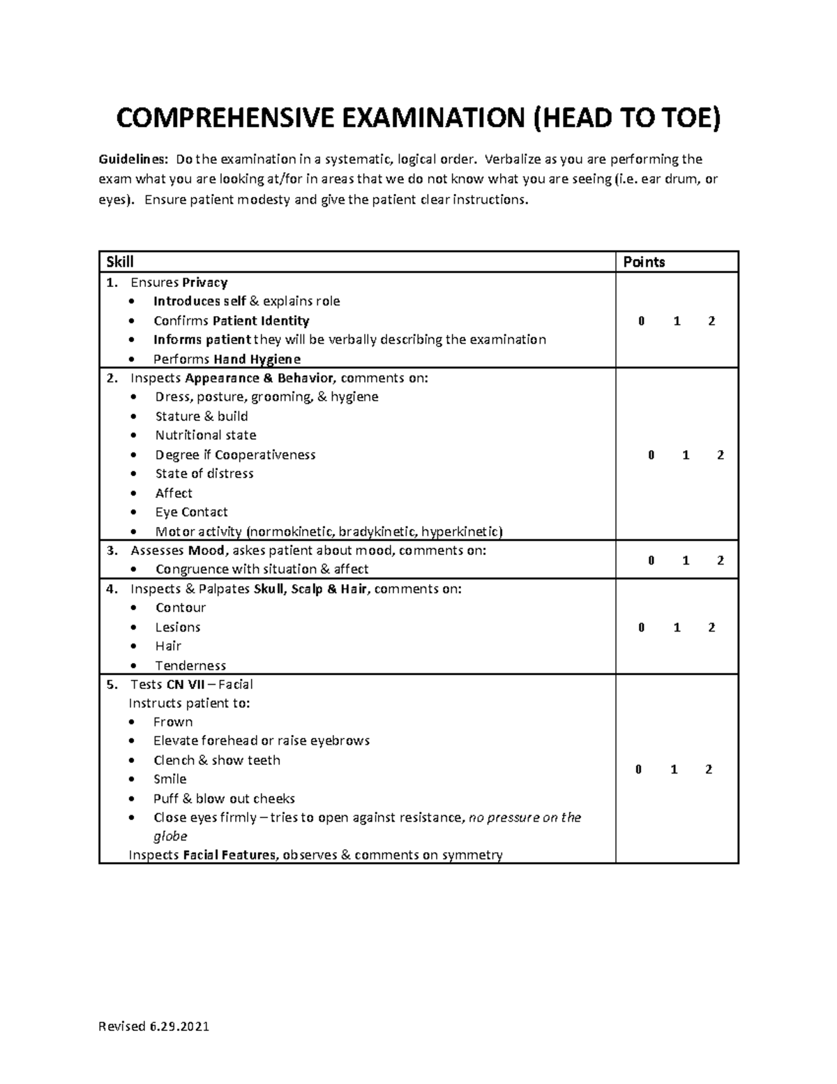 Comprehensive Head to Toe Exam Check-off - COMPREHENSIVE EXAMINATION ...